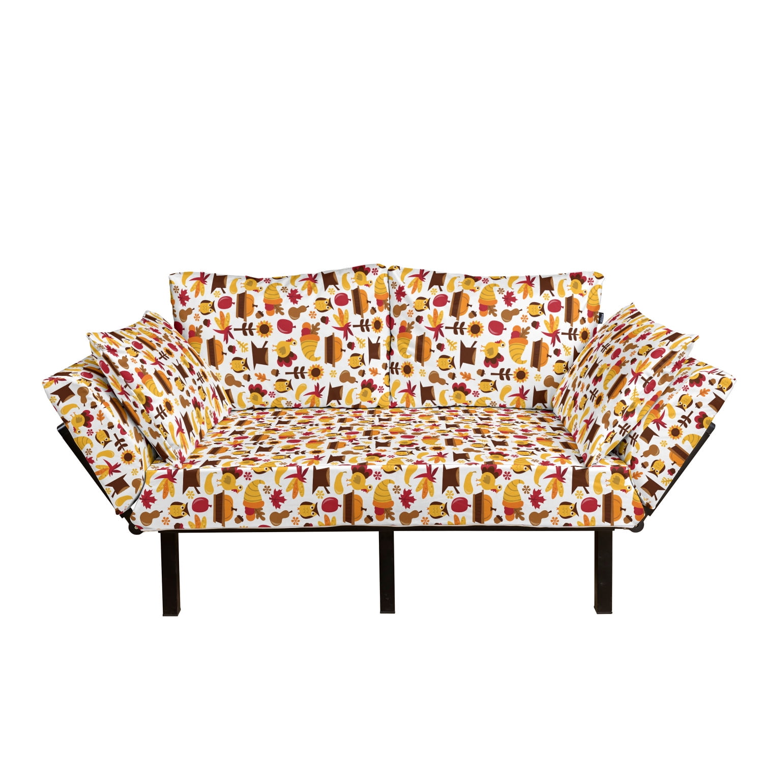 Harvest Futon Couch, Cartoon Fall Composition Nuts Maple Leaves Owls ...