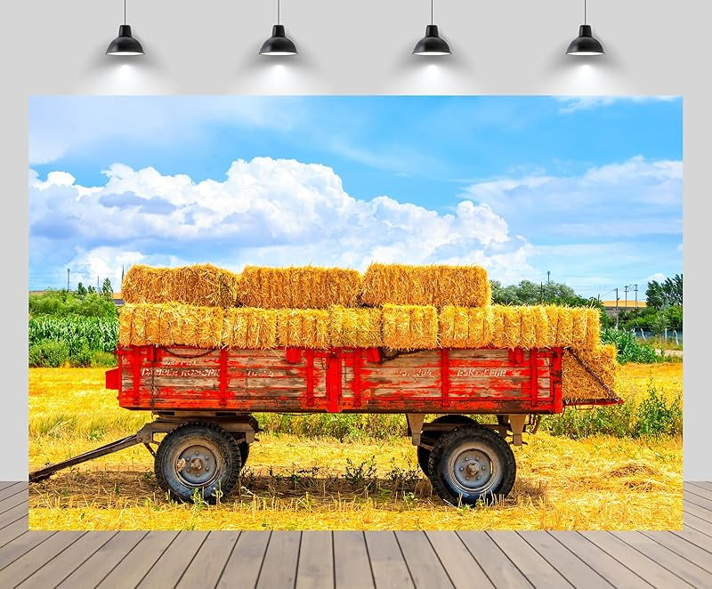 Harvest Hay Wagon Backdrop Haystack Farmland Hay Wagon with Hay Bales ...