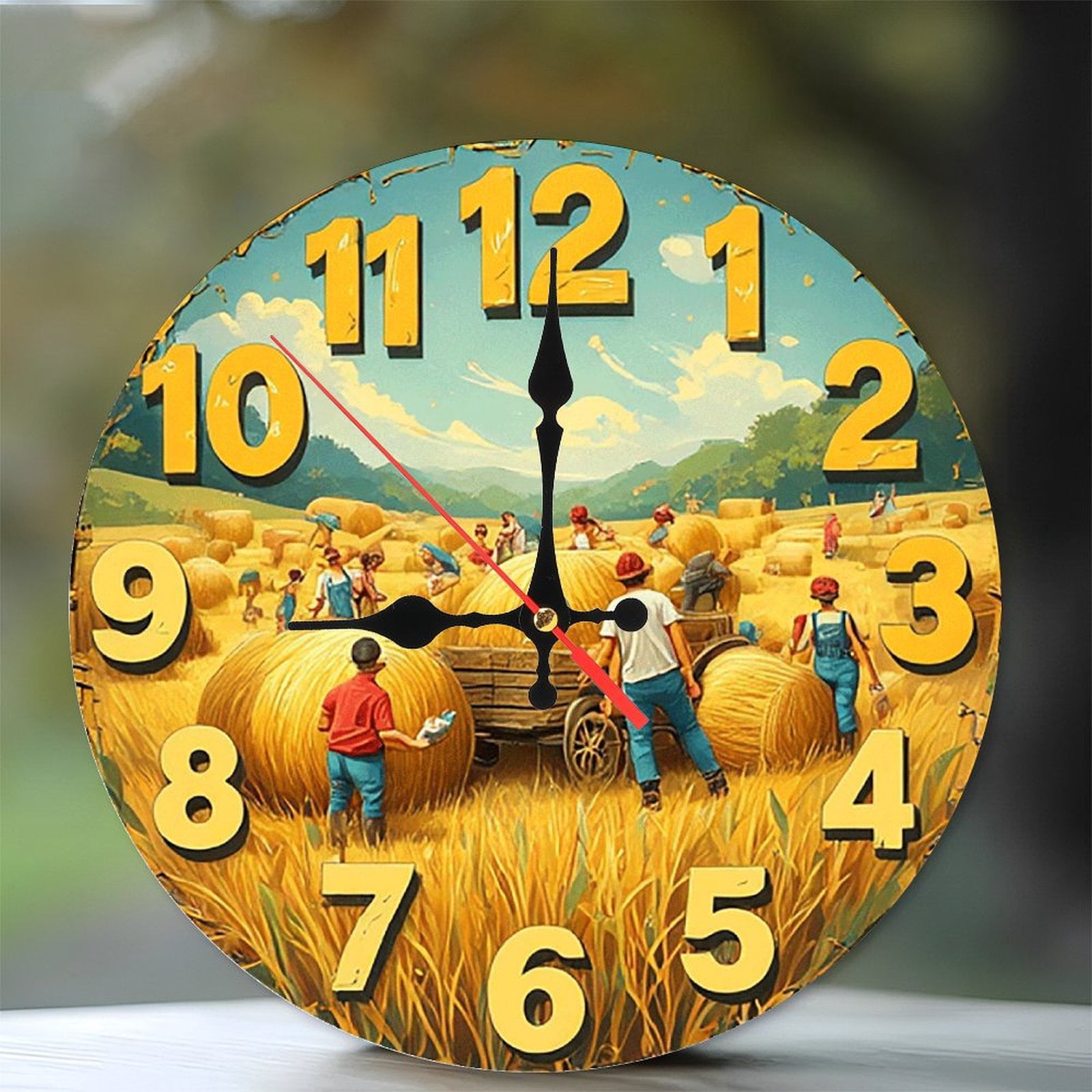 Harvest Haystacks Farm Scene Wall Clock 10-Inch Silent Wooden Wall ...