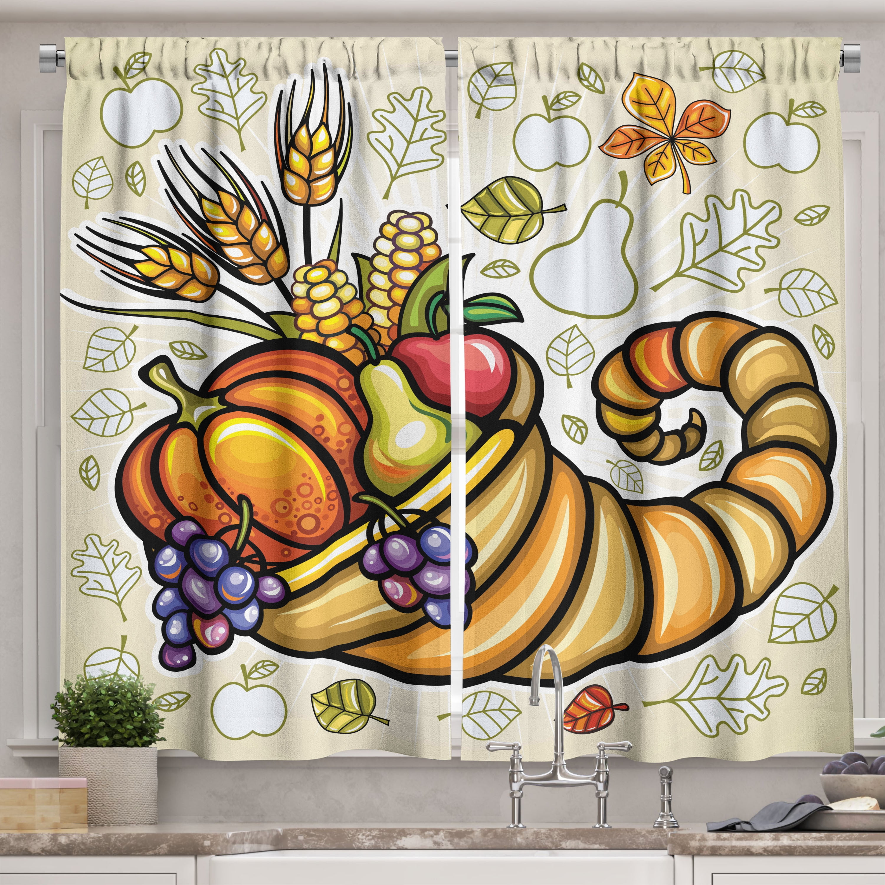Harvest Kitchen Curtains, Cornucopia Harvest Thanksgiving Image with ...