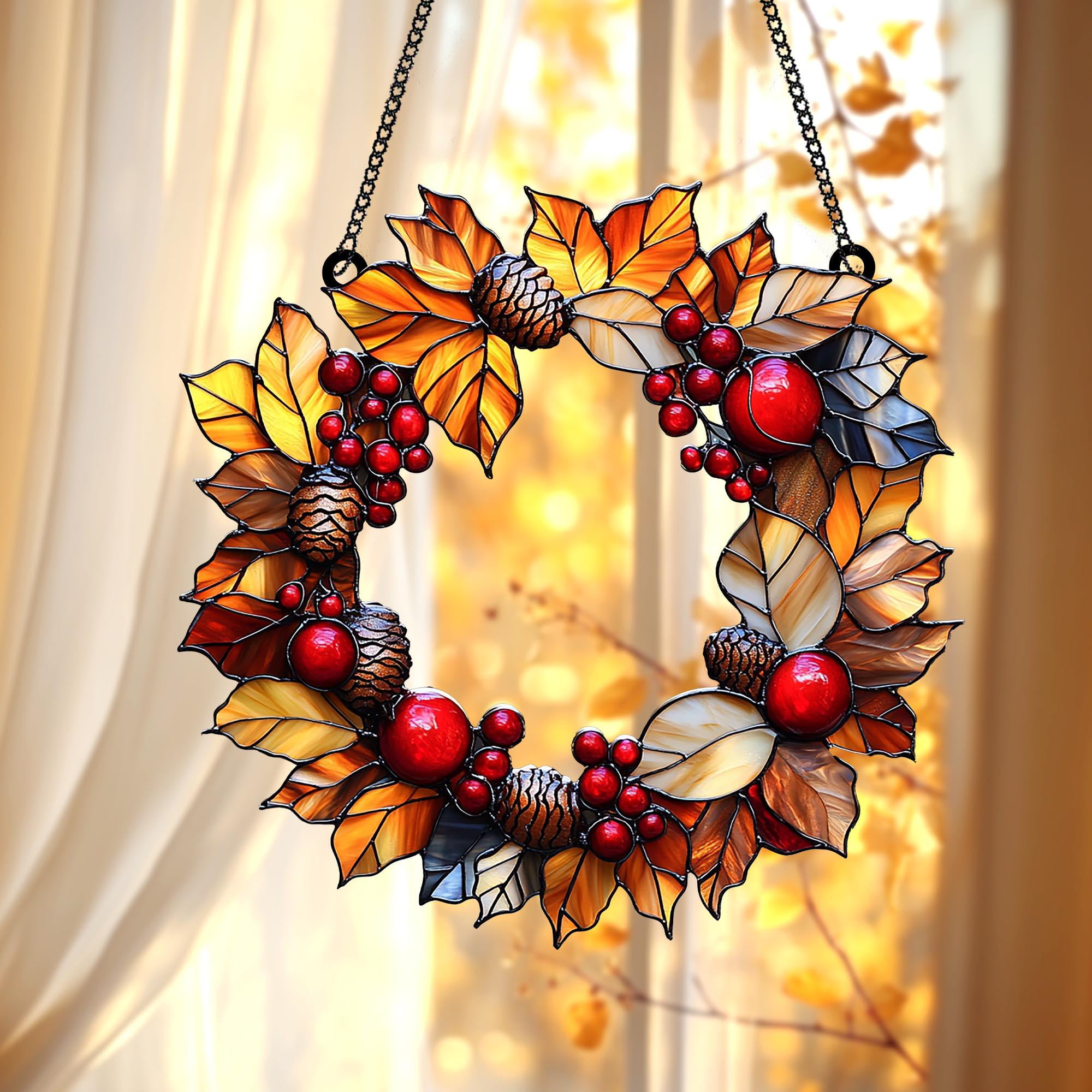 Harvest Oak Leaf Acrylic Window Hanging – Faux Stained Glass Autumn Wreath Suncatcher With ...