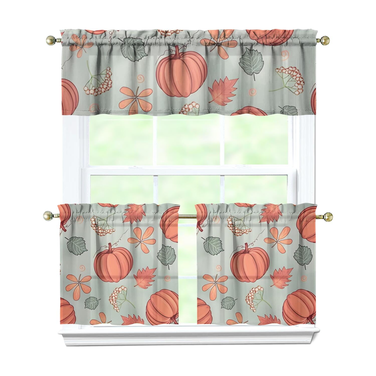 Harvest Season Pumpkin Kitchen Curtains 3-Piece Set - Thanksgiving Fall ...