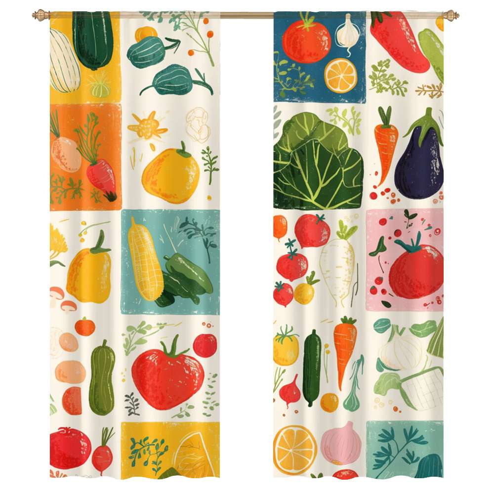 Harvest Watercolor Vegetables Fruits Sheer Voile Curtain Window Tulle ...