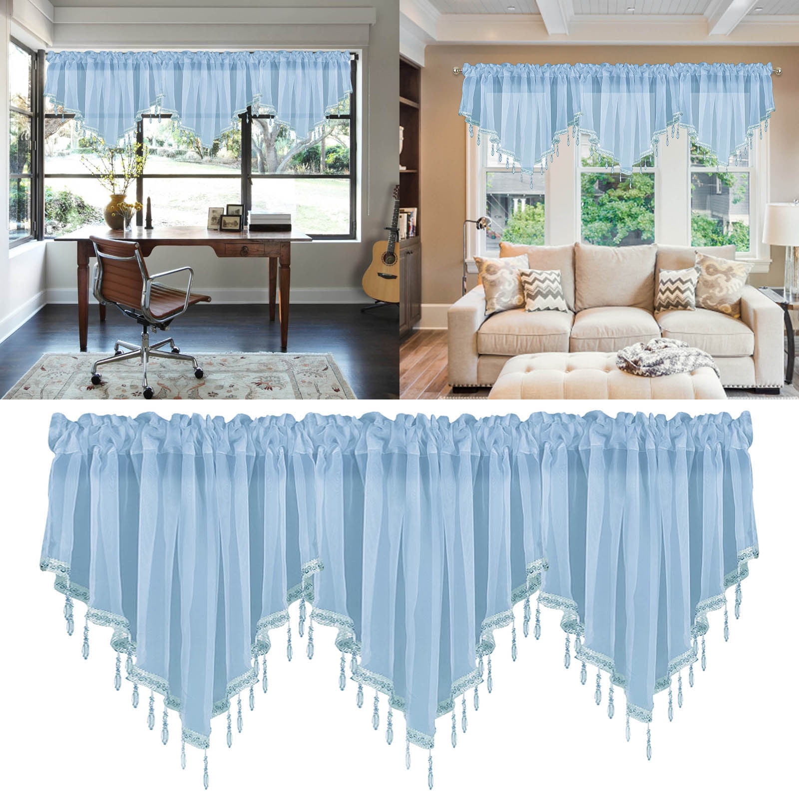 Harvn Clearance 3Pc Sky Blue Curtain, Window Screen, Triangular Curtain ...