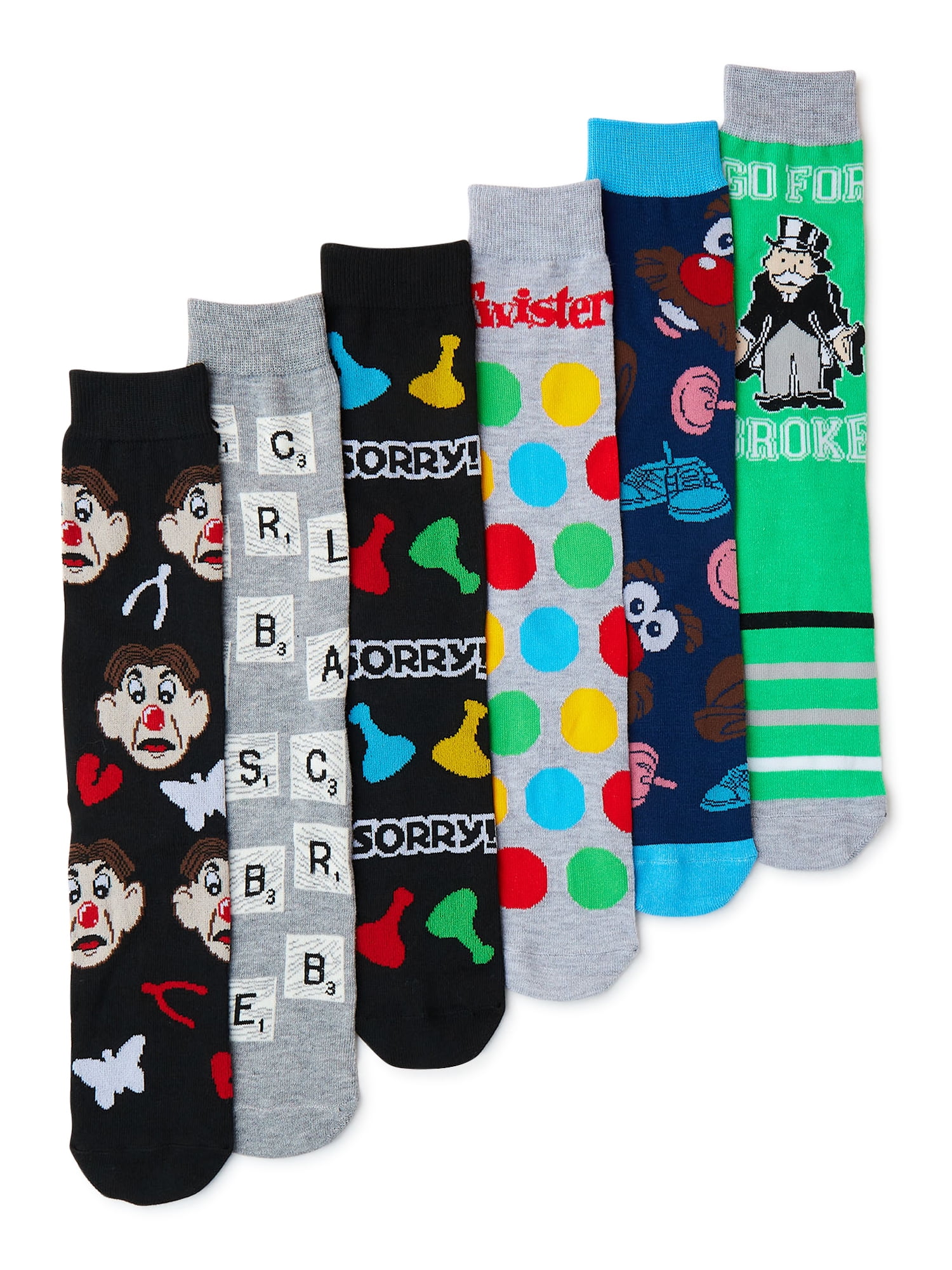 Hasbro Gaming Men’s Crew Socks, 6-Pack, Lightweight, Flat Knit, Allover ...