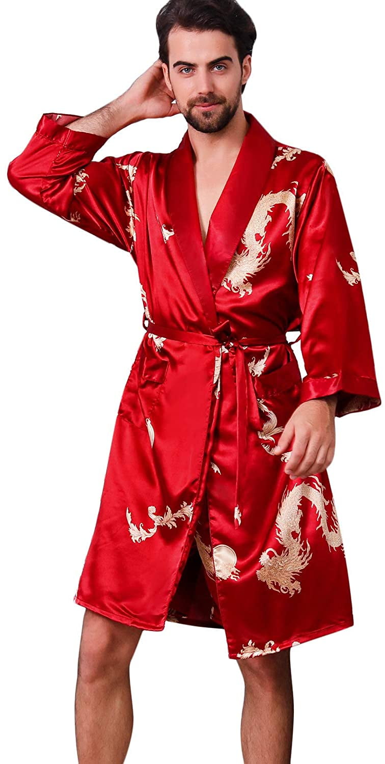 Haseil Men's Satin Robe Dragon Luxurious Silk Spa Long Sleeve House ...