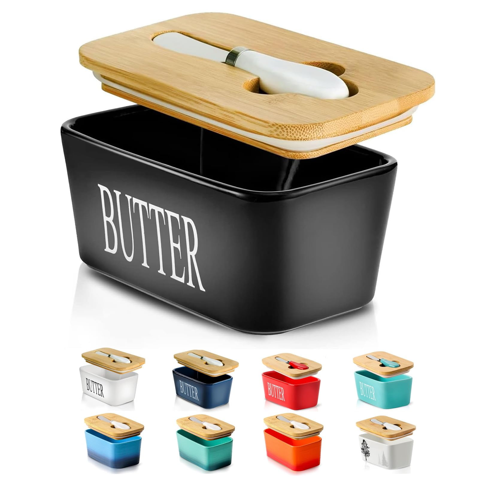 Hasense Butter Dish with Lid, Ceramic Butter Dish with Knife for Countertop, Airtight Covered ...