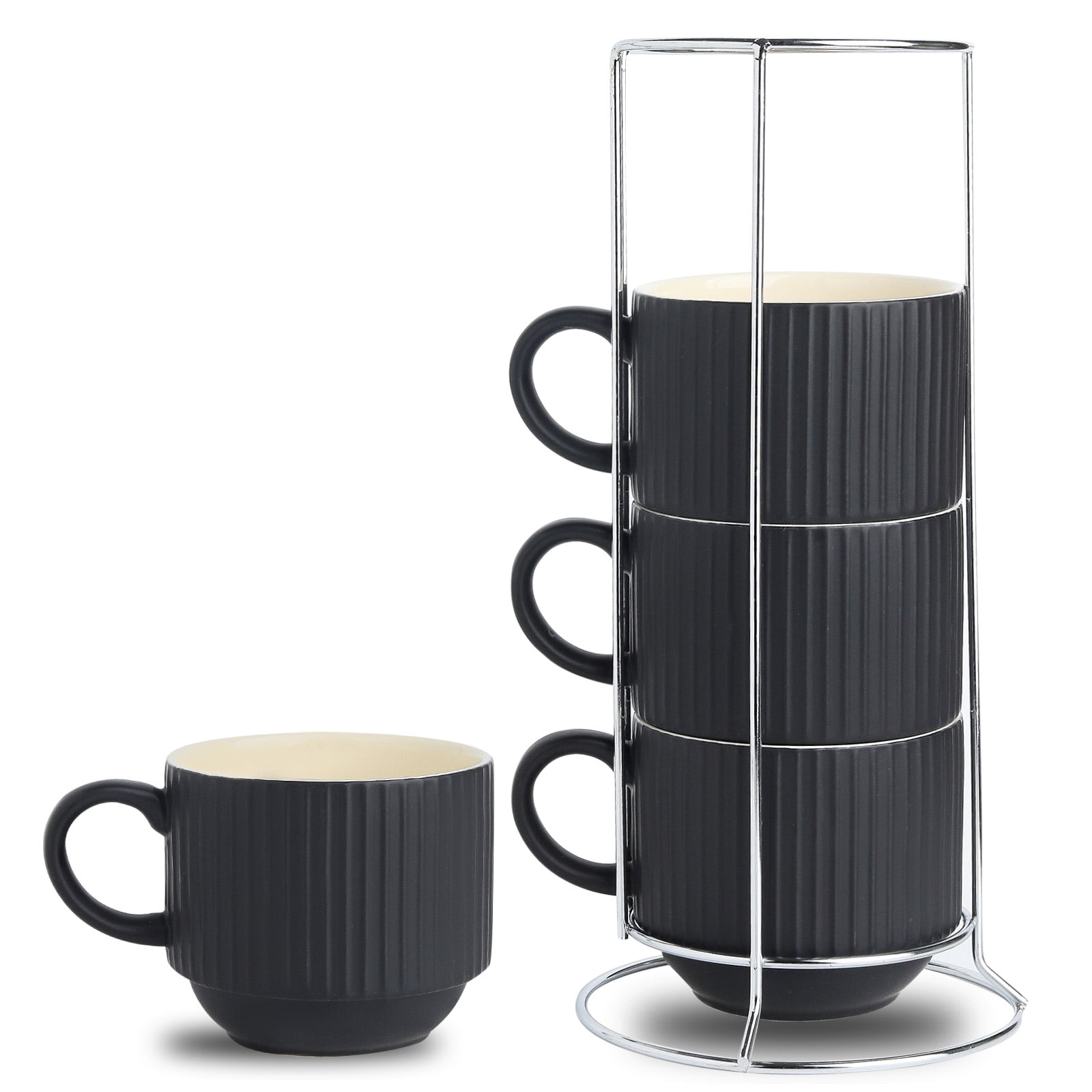 Hasense Coffee Mug Ceramic Set of 4 with Stand - 15 oz Stackable Large Porcelain Ribbed Latte ...