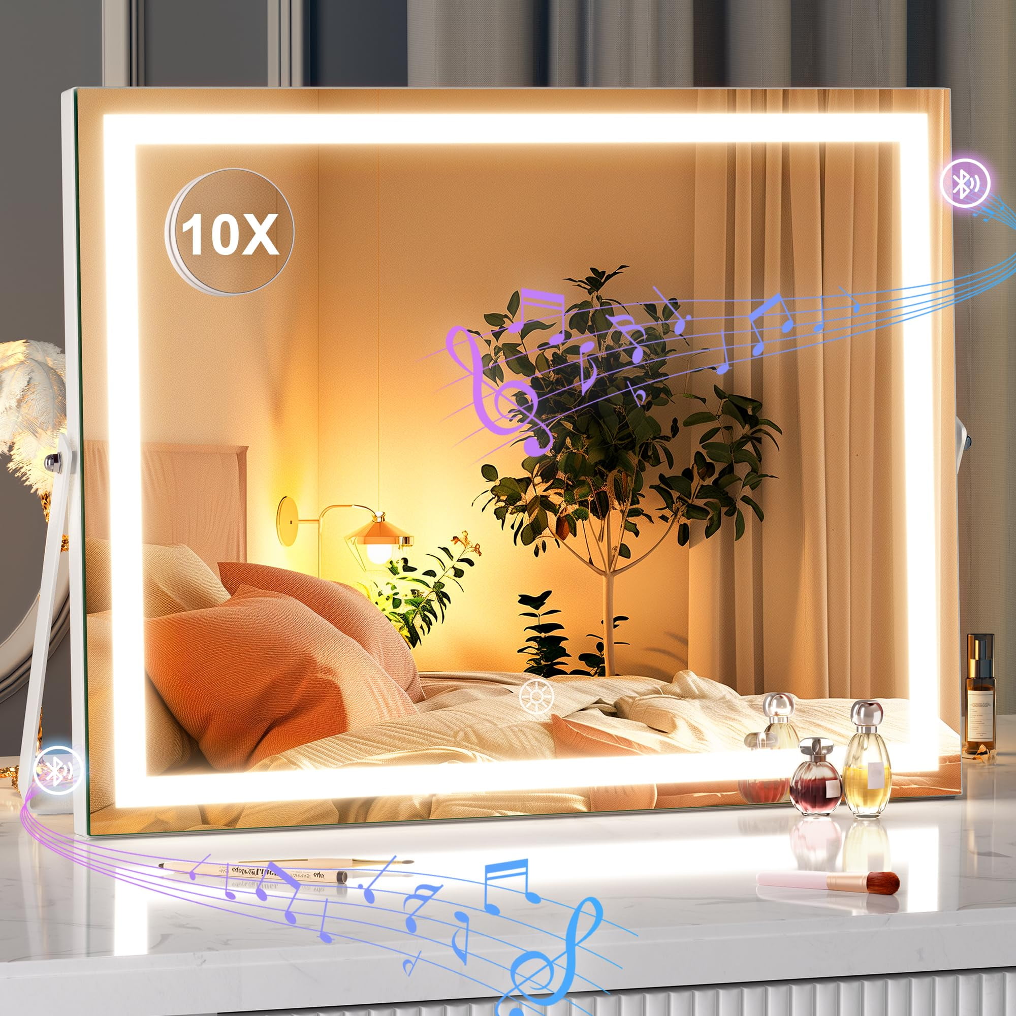 Hasipu 18" x 14" LED Makeup Mirror with Bluetooth Speaker & 10X Magnifying Glass Square White ...