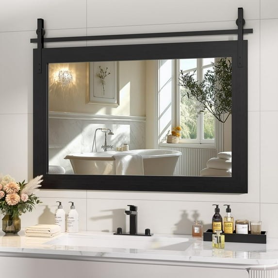 Hasipu 40"x26" Farmhouse Bathroom Mirror - Black Rustic Wood Framed ...