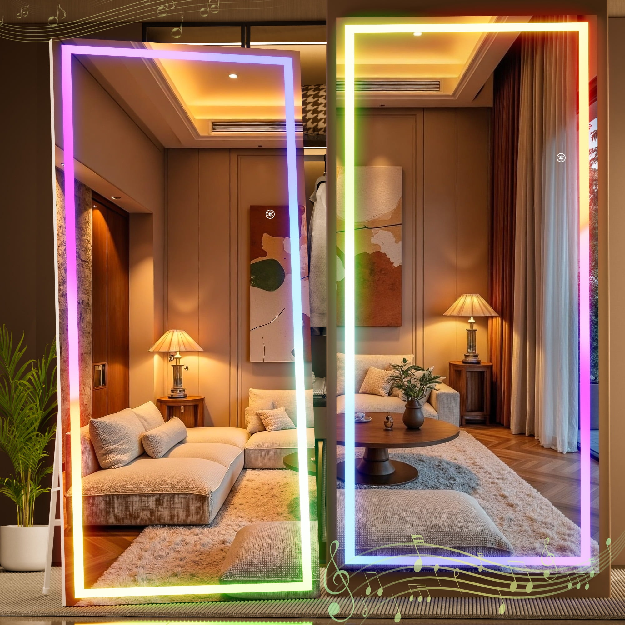 Hasipu 79"x35" Full Length Mirror with Lights - LED RGB Bluetooth Floor ...