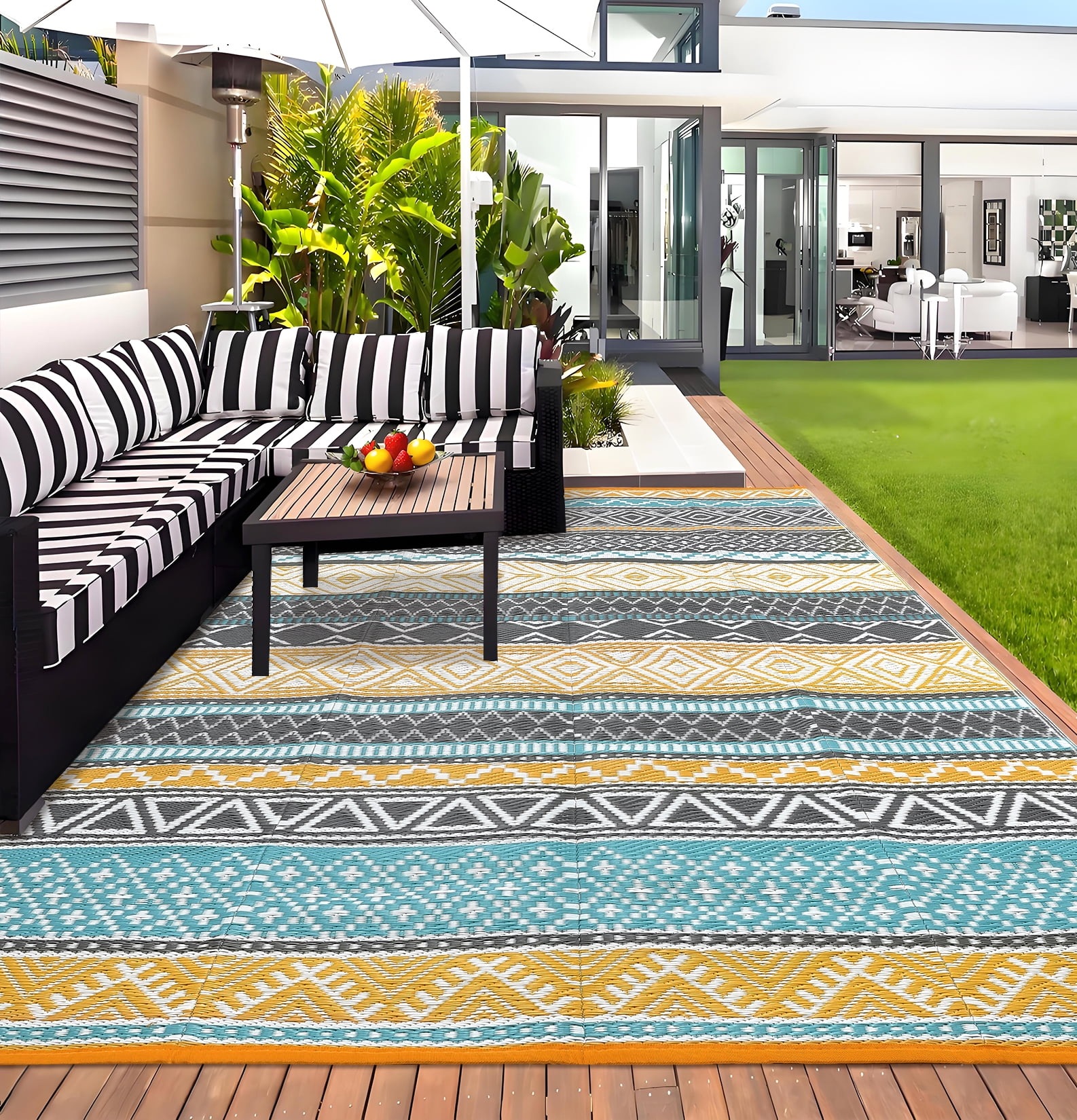 Hasoo 10' x 14' Green & Yellow Outdoor Rug Plastic Straw Rug Bohemia ...