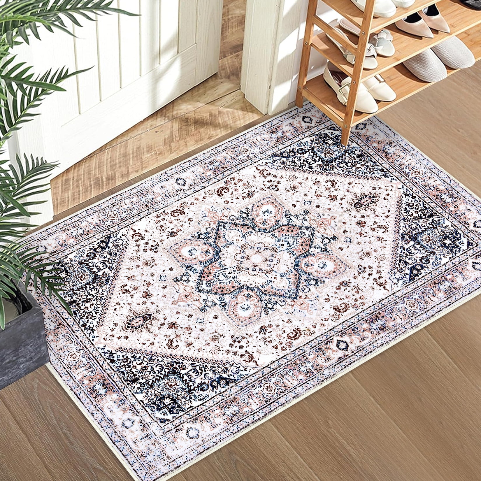 Hasoo 2' x 3' Pink Retro Floral Indoor Outdoor Entrance Rug Non Slip ...