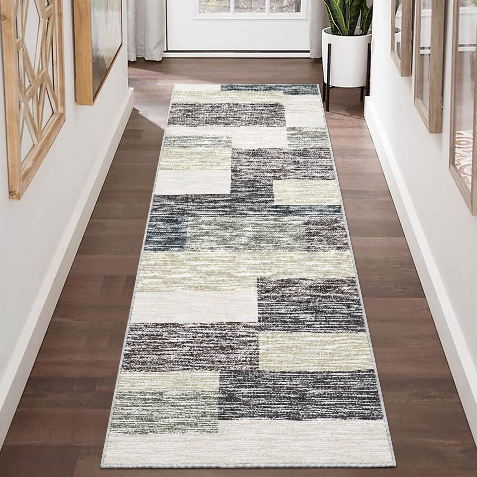 Hasoo 2' x 6' Runner Modern Geometric Patchwork Print Rug for Laundry Kitchen Non-Shedding Non ...