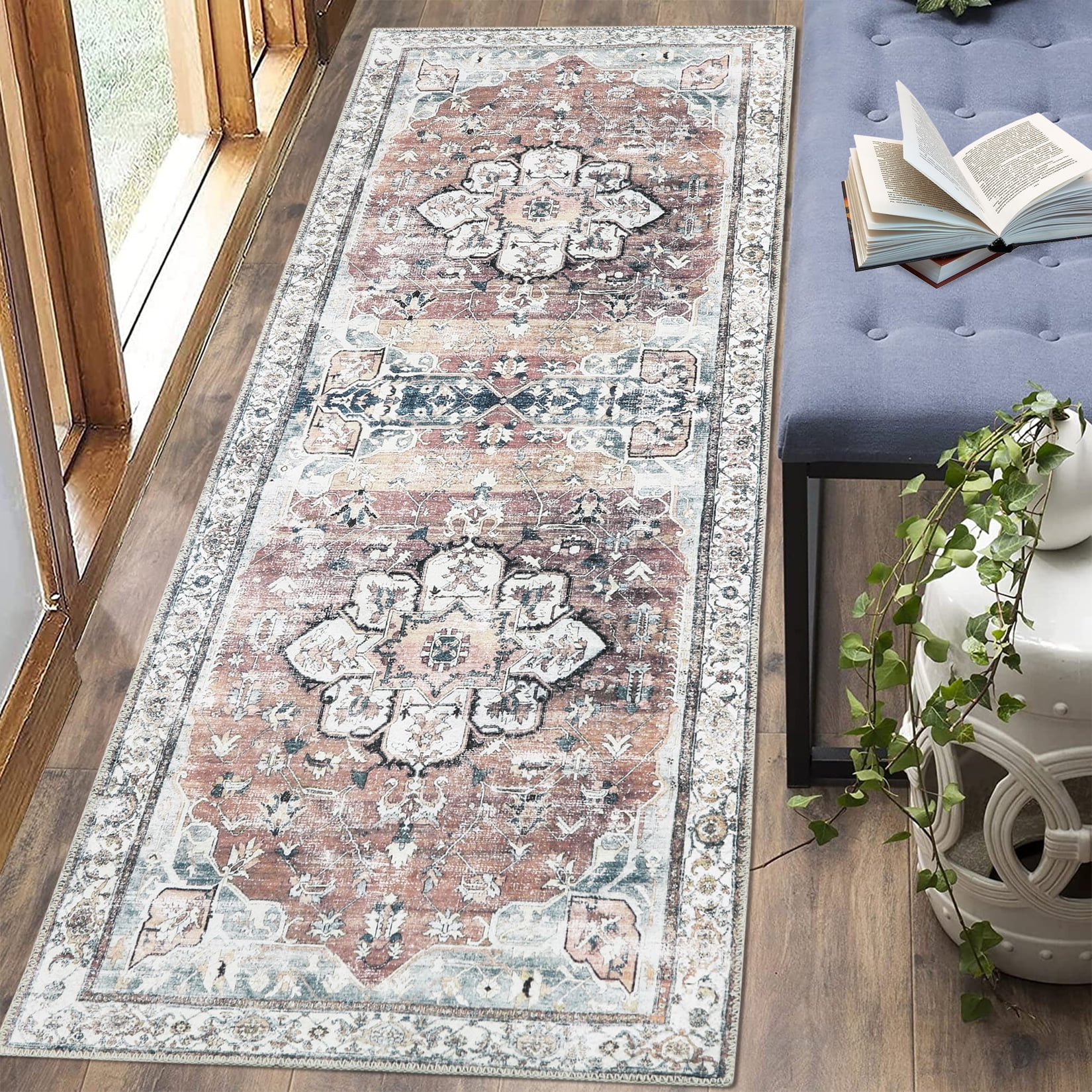 Hasoo 2' x 6' Runner Rug Medallion Distressed Accent Rug Persian ...