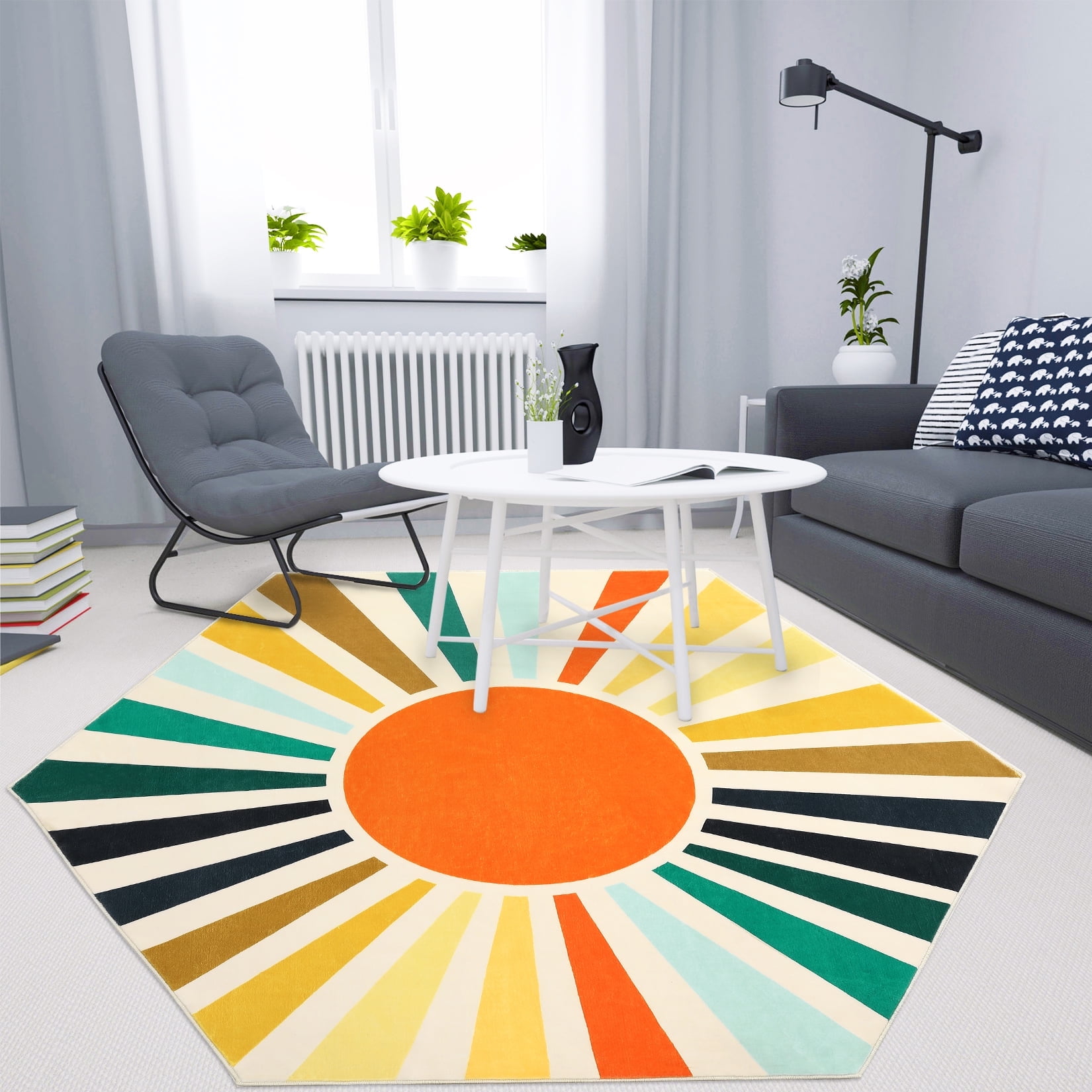 Hasoo 4' x 4'6" Hexagon Rug Modern Boho Washable Rug Sun Print Area Rug ...