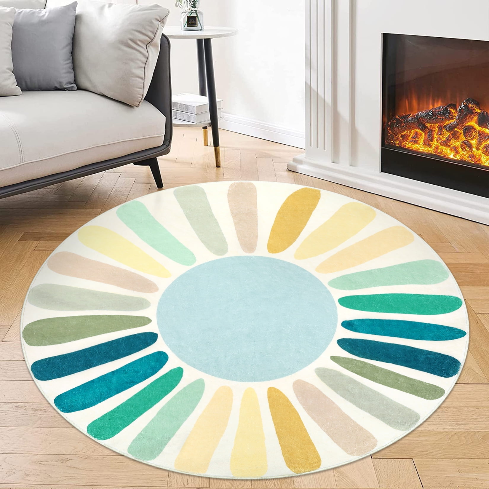 Hasoo 4' x 4' Round Rug Colorful Washable Circle Area Rug Sun Print ...