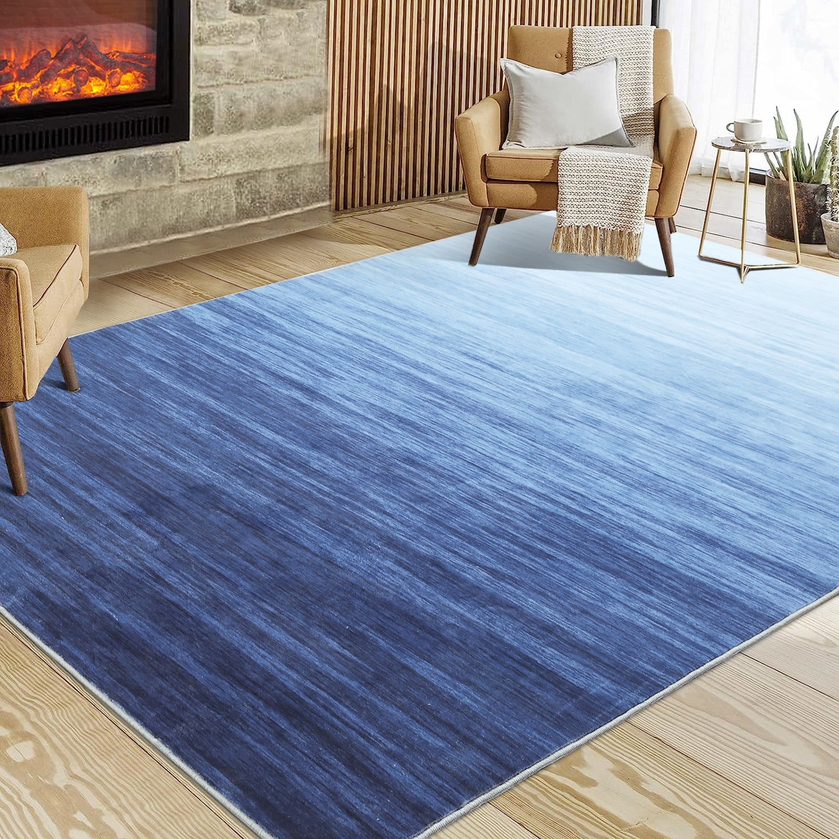 Hasoo 4' x 6' Blue Transitional Area Rug Washable Non-Slip Area Rug for ...