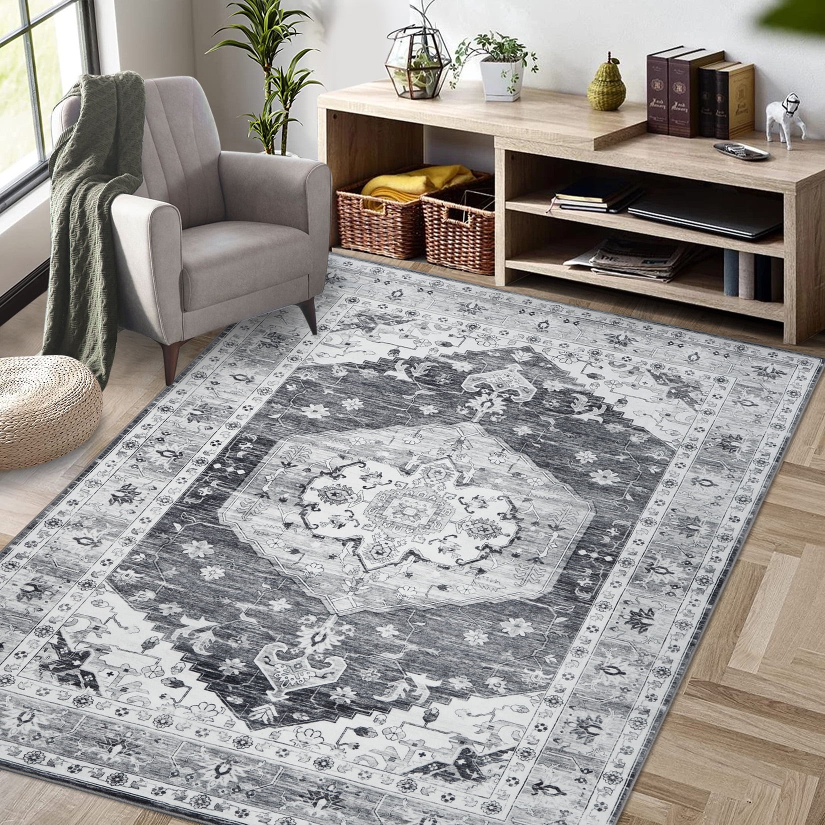 Hasoo 4' x 6' Machine Washable Area Rug Persian Medallion Rug Soft Faux ...