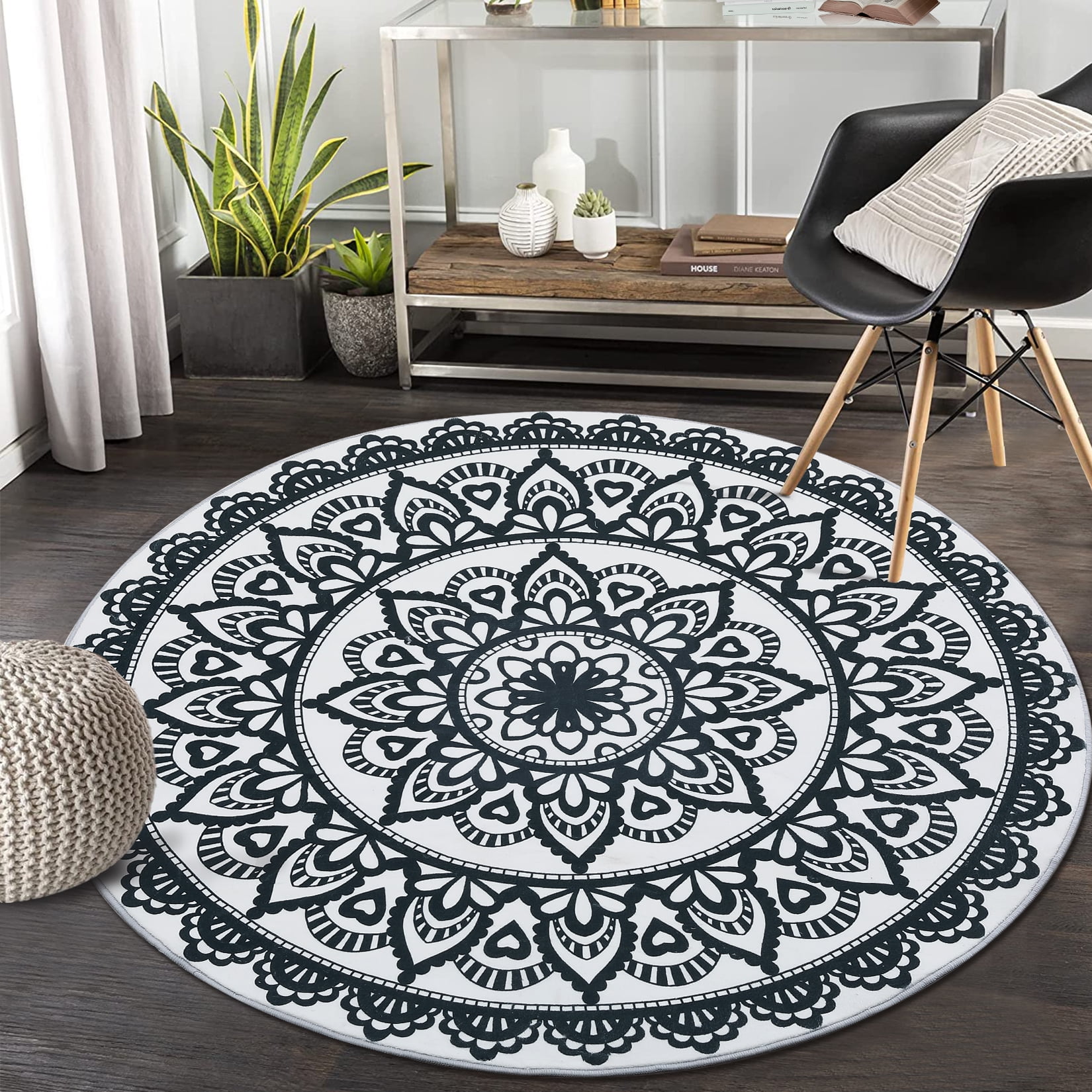 Hasoo 4FT Round Area Rug for Living Room Washable Boho Vintage Oriental ...