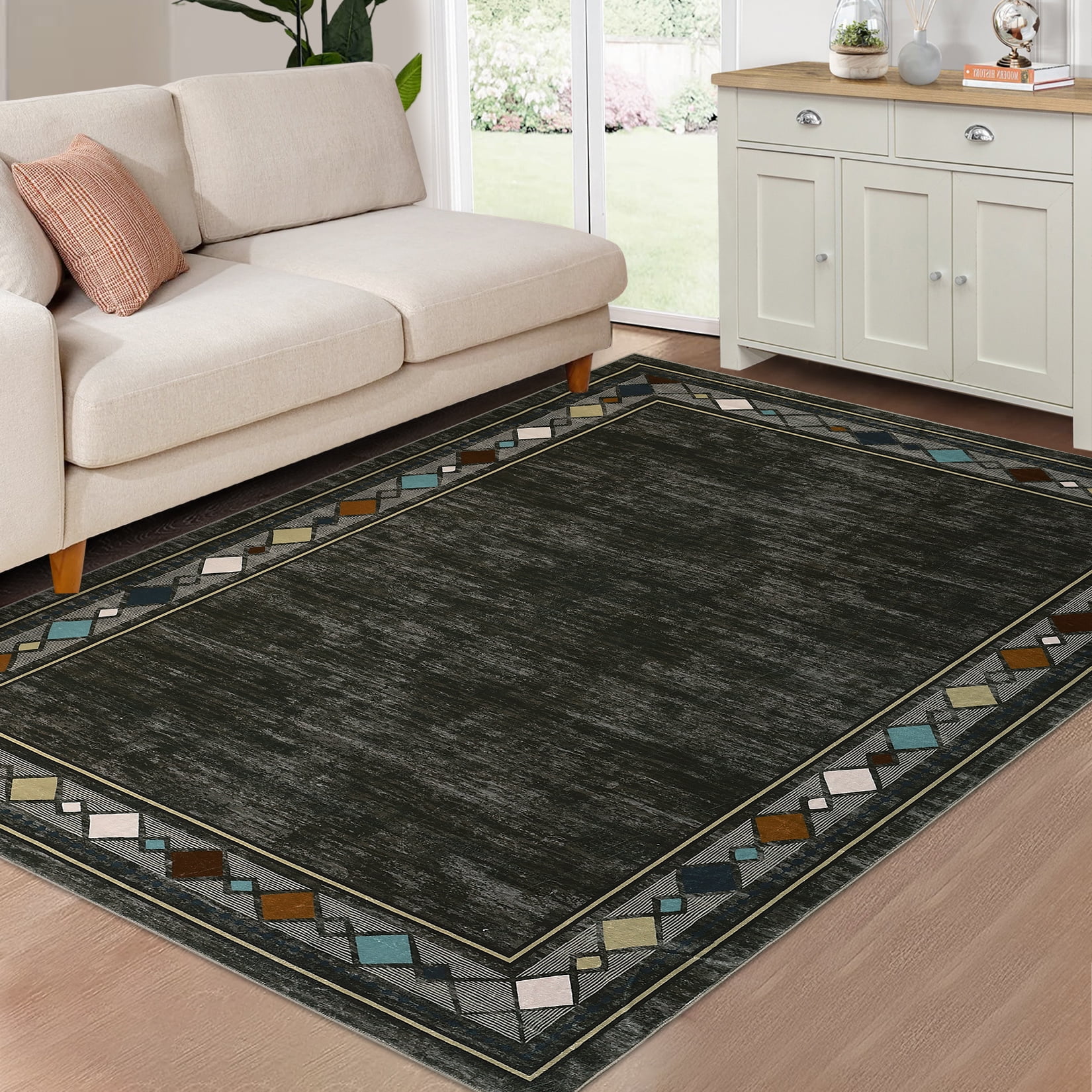 Hasoo 5' x 7' Washable Area Rug Modern Geometric Bordered Indoor Carpet ...