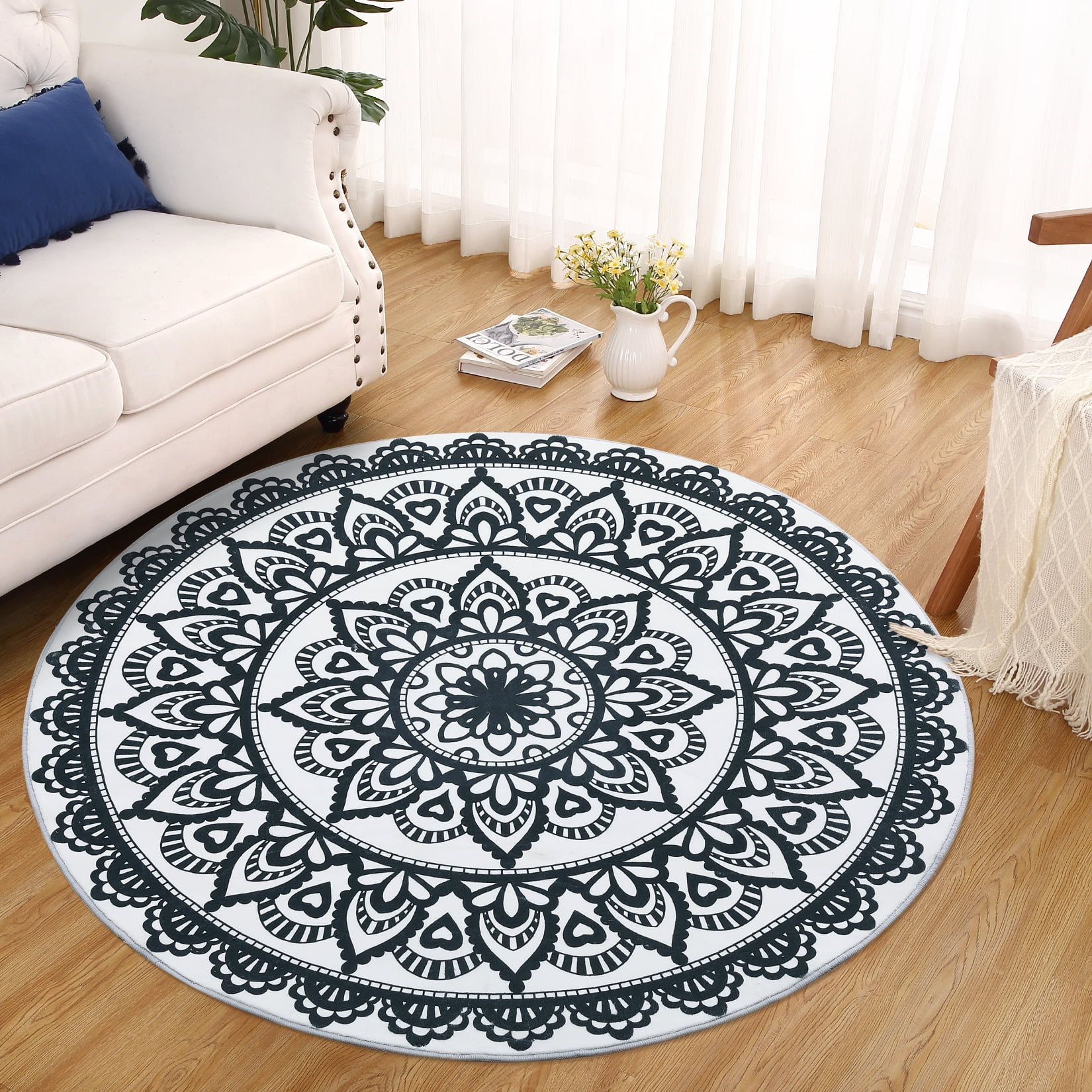 Hasoo 5FT Round Area Rug for Living Room Washable Boho Vintage Oriental ...