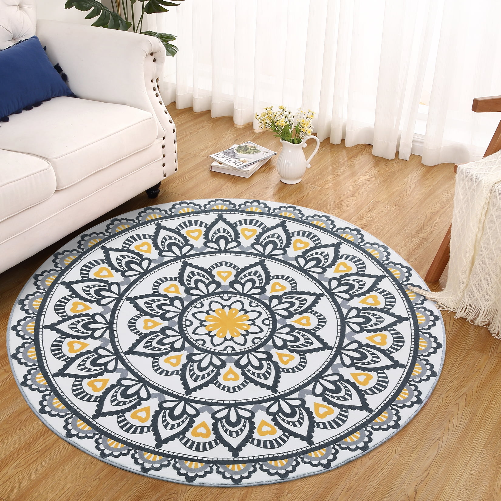 Hasoo 5FT Round Area Rug for Living Room Washable Boho Vintage Oriental ...