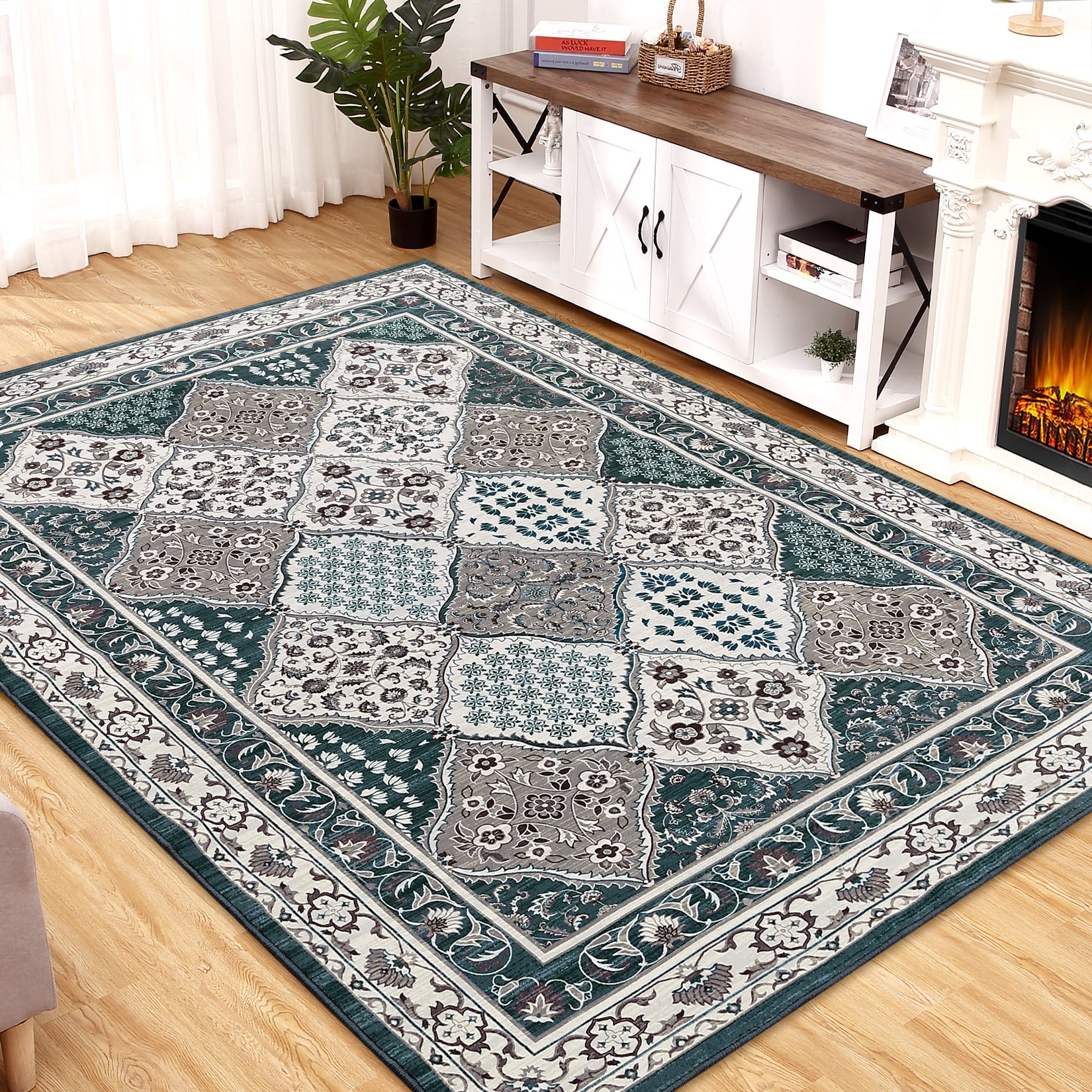 Hasoo 8' x 10' Area Rug Washable Rug Vintage Rug Floral Floor Cover ...