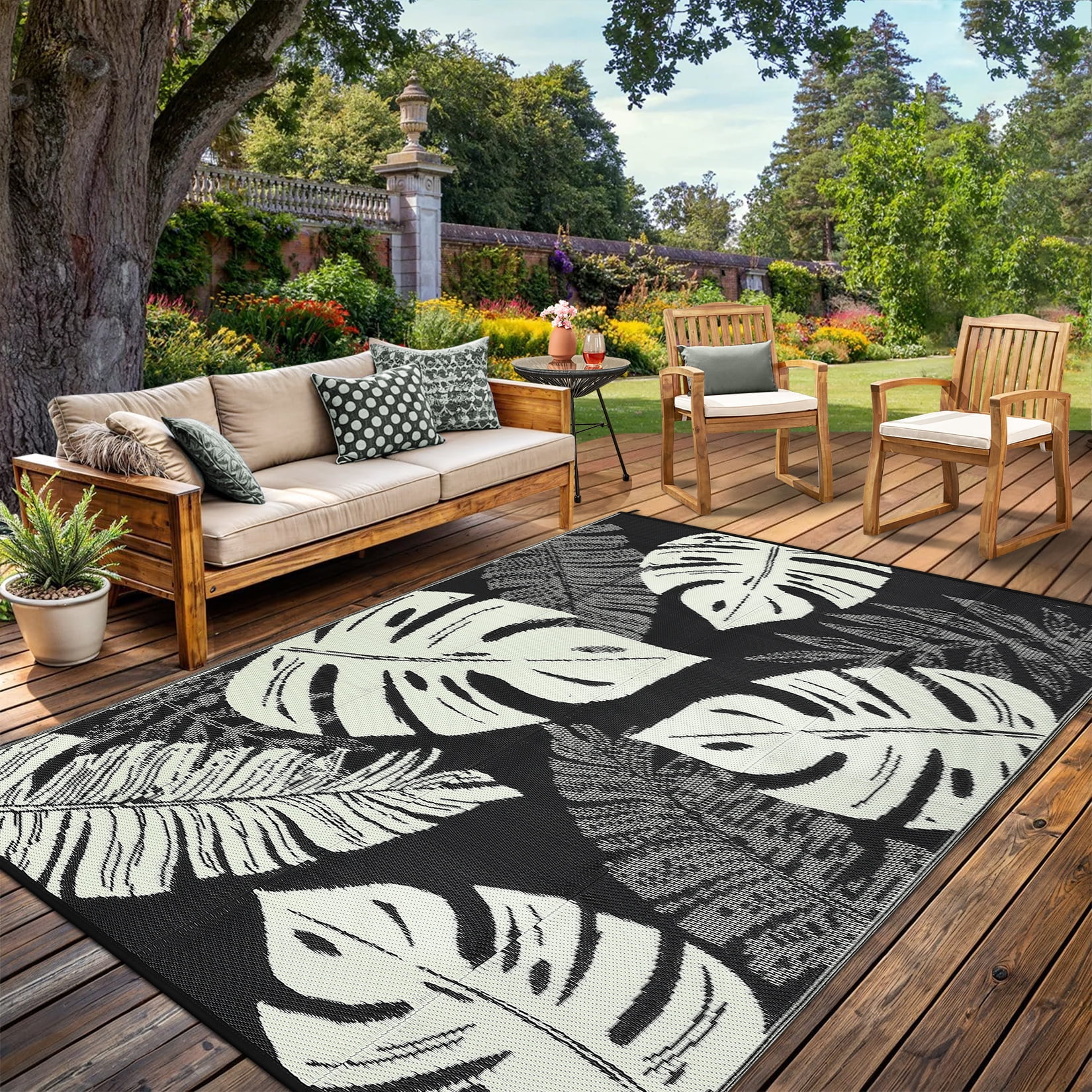 Hasoo 8' x 10' Black & Beige Outdoor Rug Plastic Straw Rug Bohemia ...