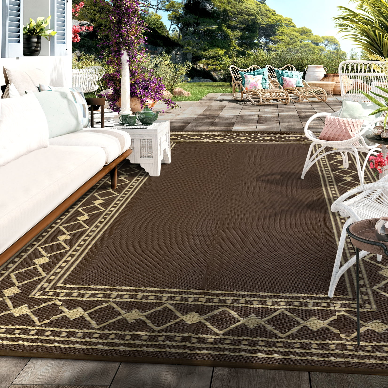 Hasoo 8' x 10' Brown Outdoor Rug Plastic Straw Border Carpet Waterproof ...