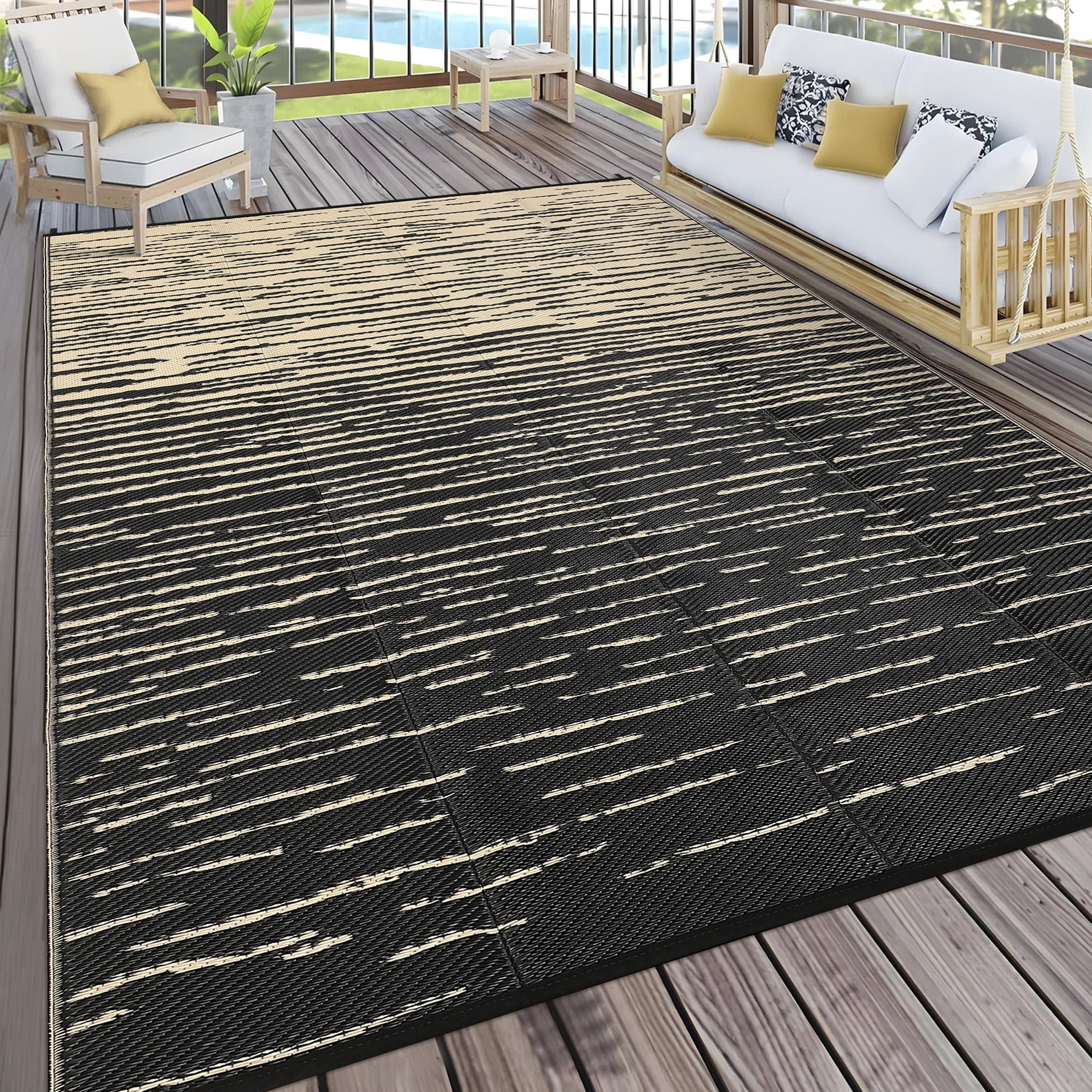 Hasoo 9' x 12' Black/Brown Outdoor Rug for Patio Decor Waterproof ...