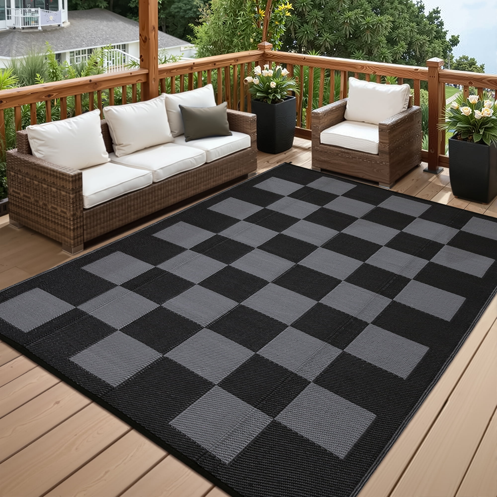 Hasoo 9' x 12' Black/Gray Outdoor Rug Plastic Straw Geometric Carpet ...