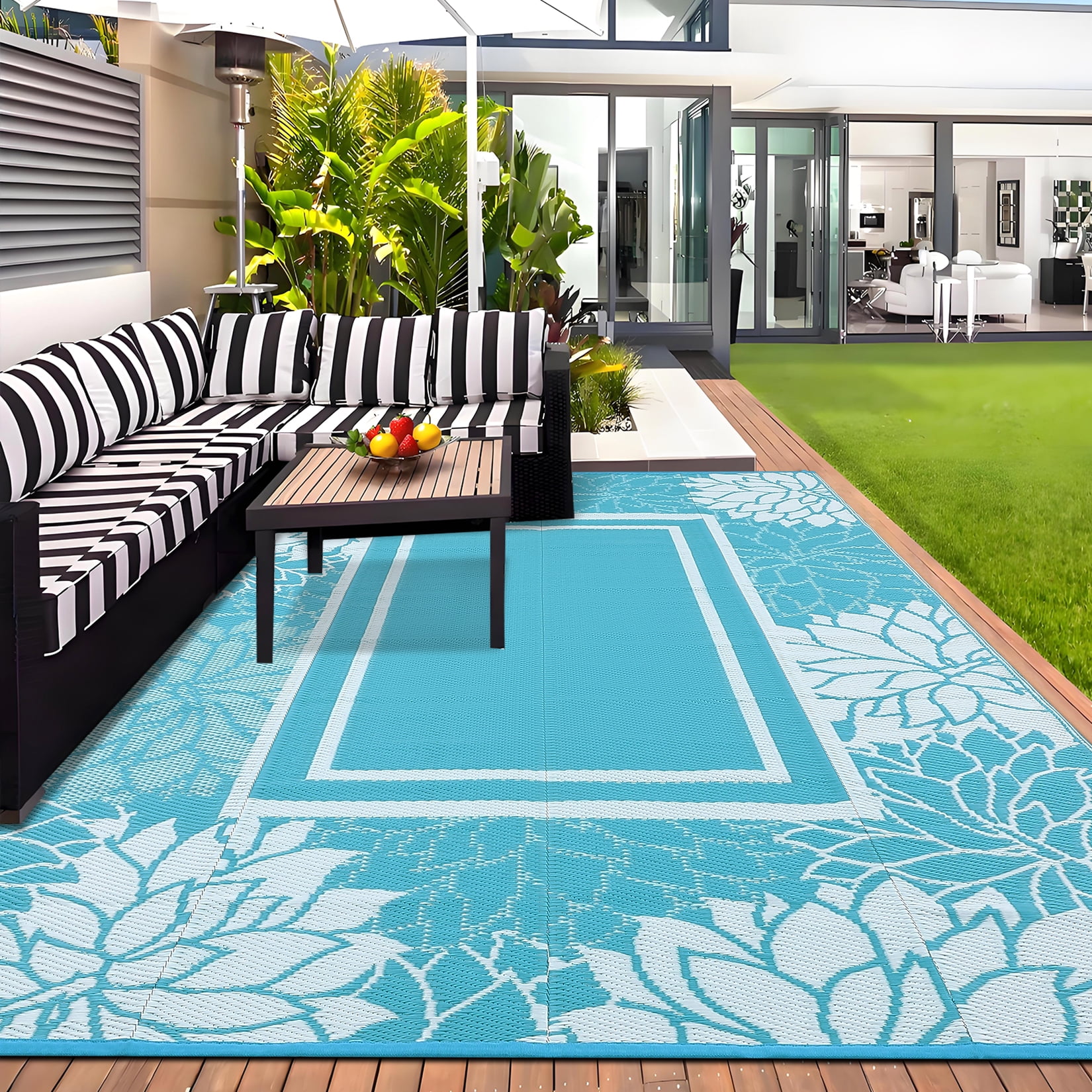 Hasoo 9' x 12' Blue & White Outdoor Rug Plastic Straw Border Carpet ...
