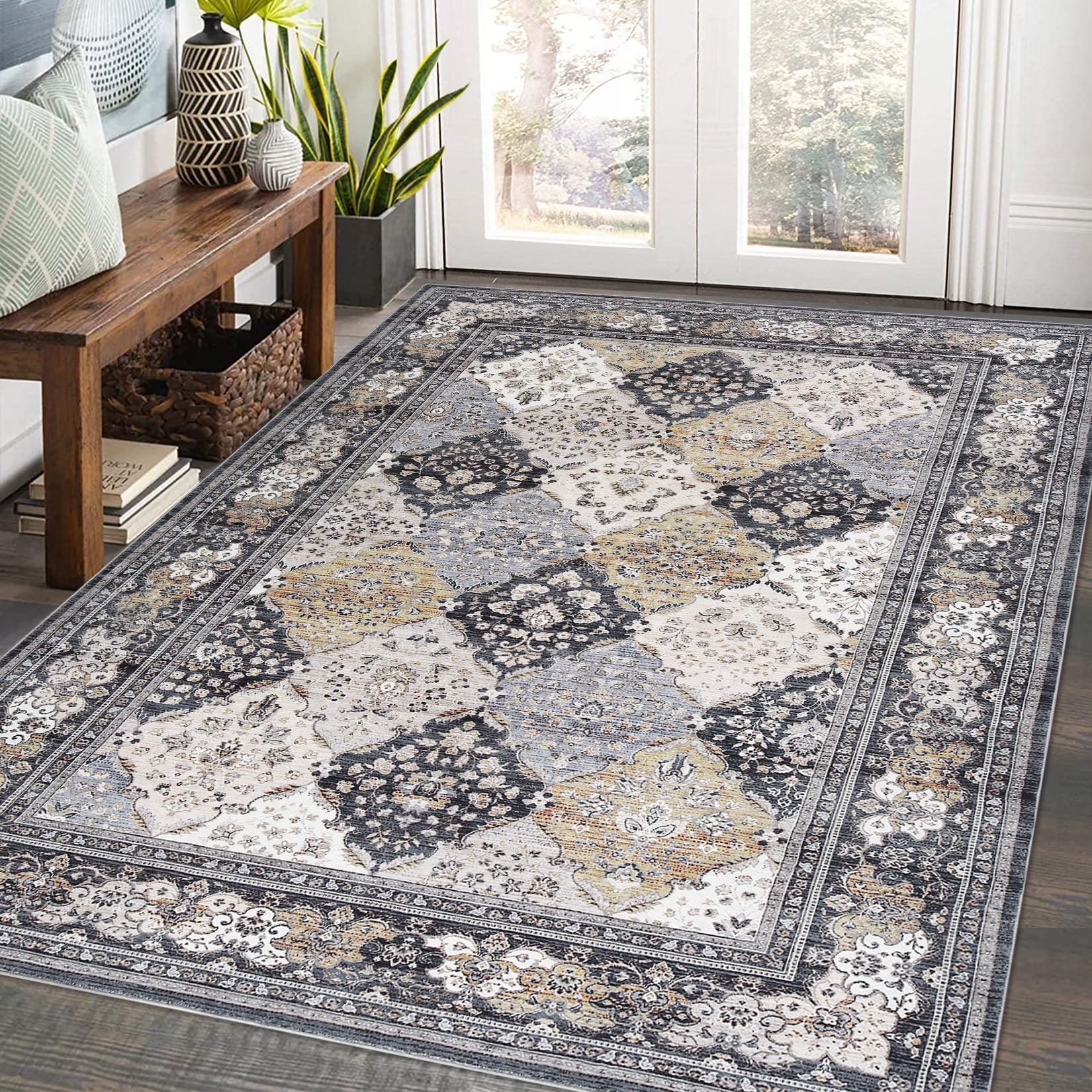 Hasoo 9' x 12' Brown Vintage Rhomboid Large Area Rug Floral Print ...