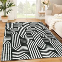 HR Plush Black & White Wave-Patterned Shag Rug, 1-Inch-Thick Soft High ...