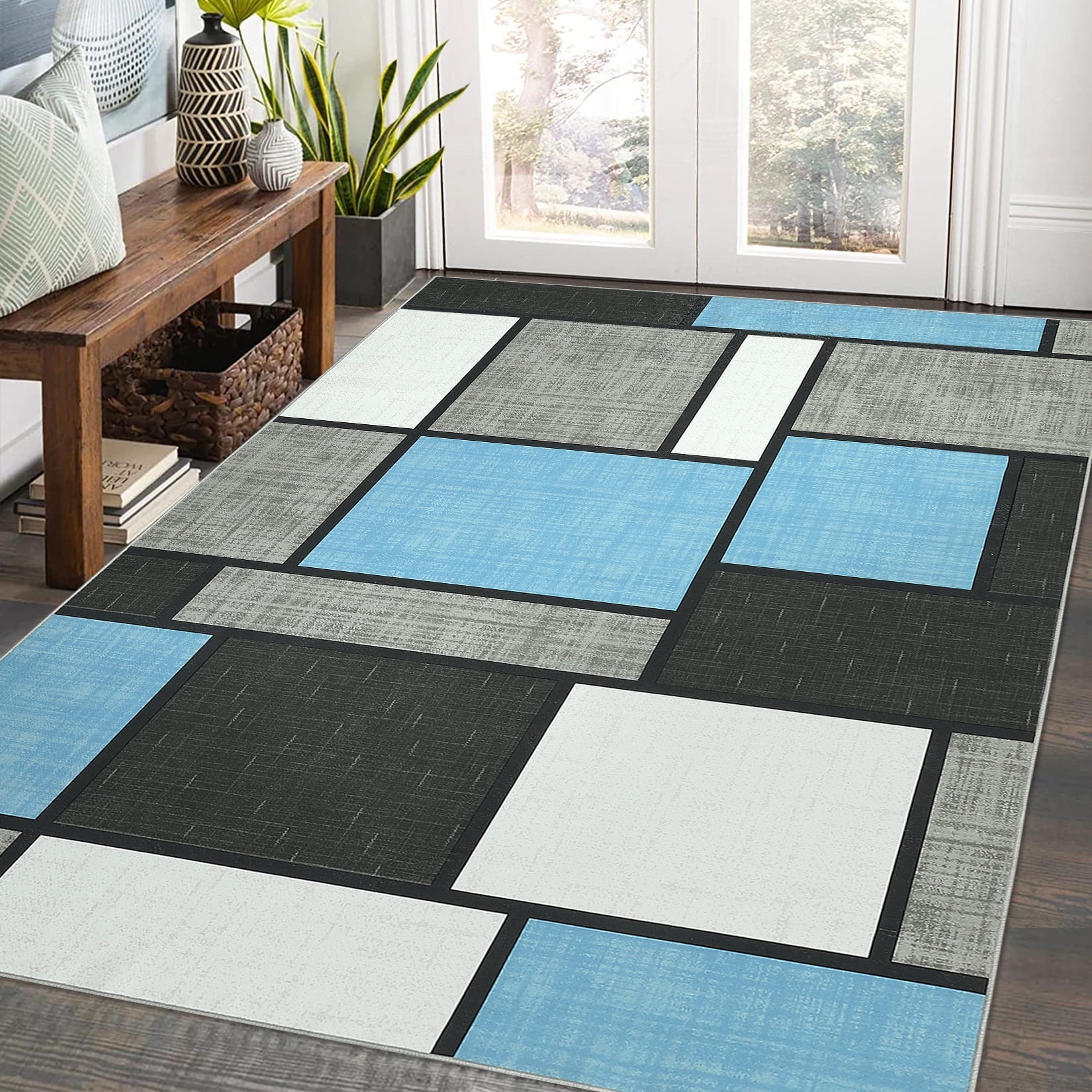 Hasoo 9' x 12' Light Blue Splicing Color Blocks Carpet Area Rug ...
