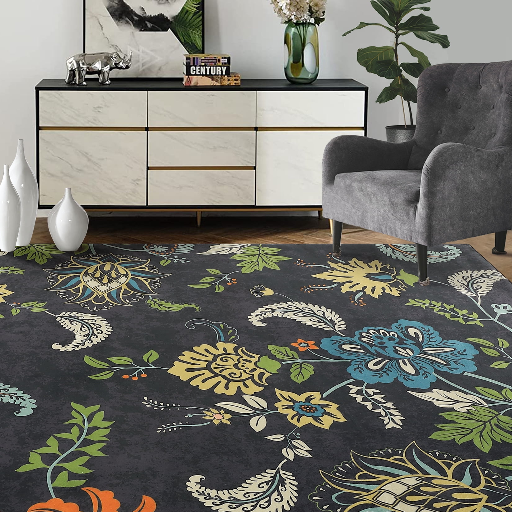 Hasoo Area Rug 5' x 7' Washable Modern Floral Rugs for Living Room Non ...