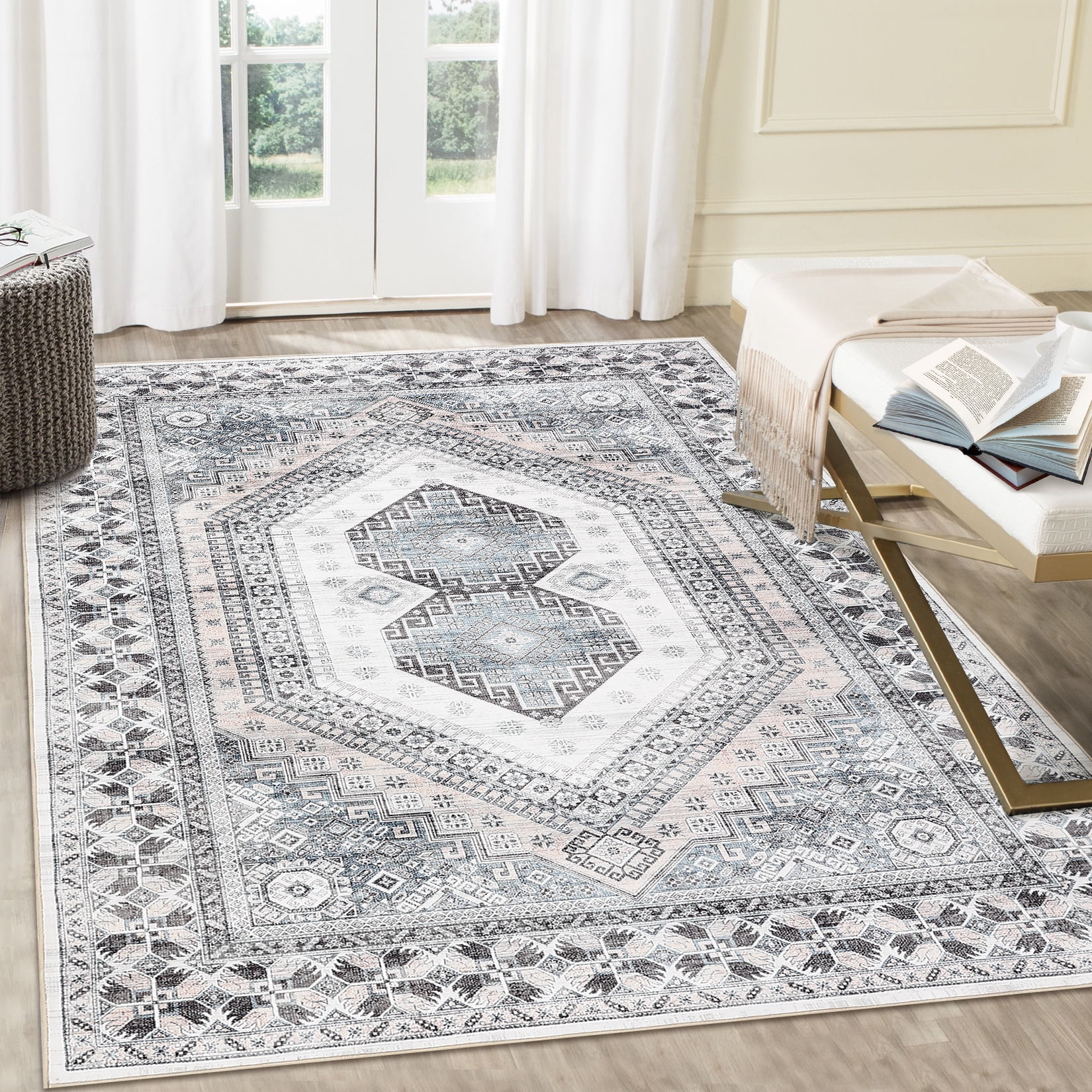 Hasoo Area Rug 8' x 10' Vintage Distressed Geometric Floral Area Rug ...