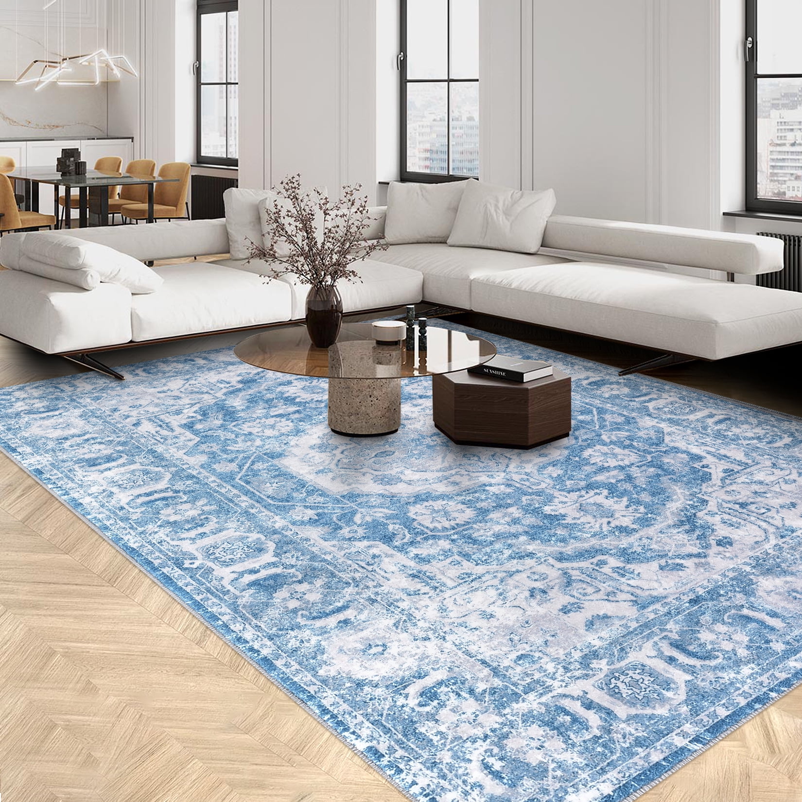 Hasoo Area Rug 9' x 12' Blue Vintage Rug Flodable Thin Rug Retro ...