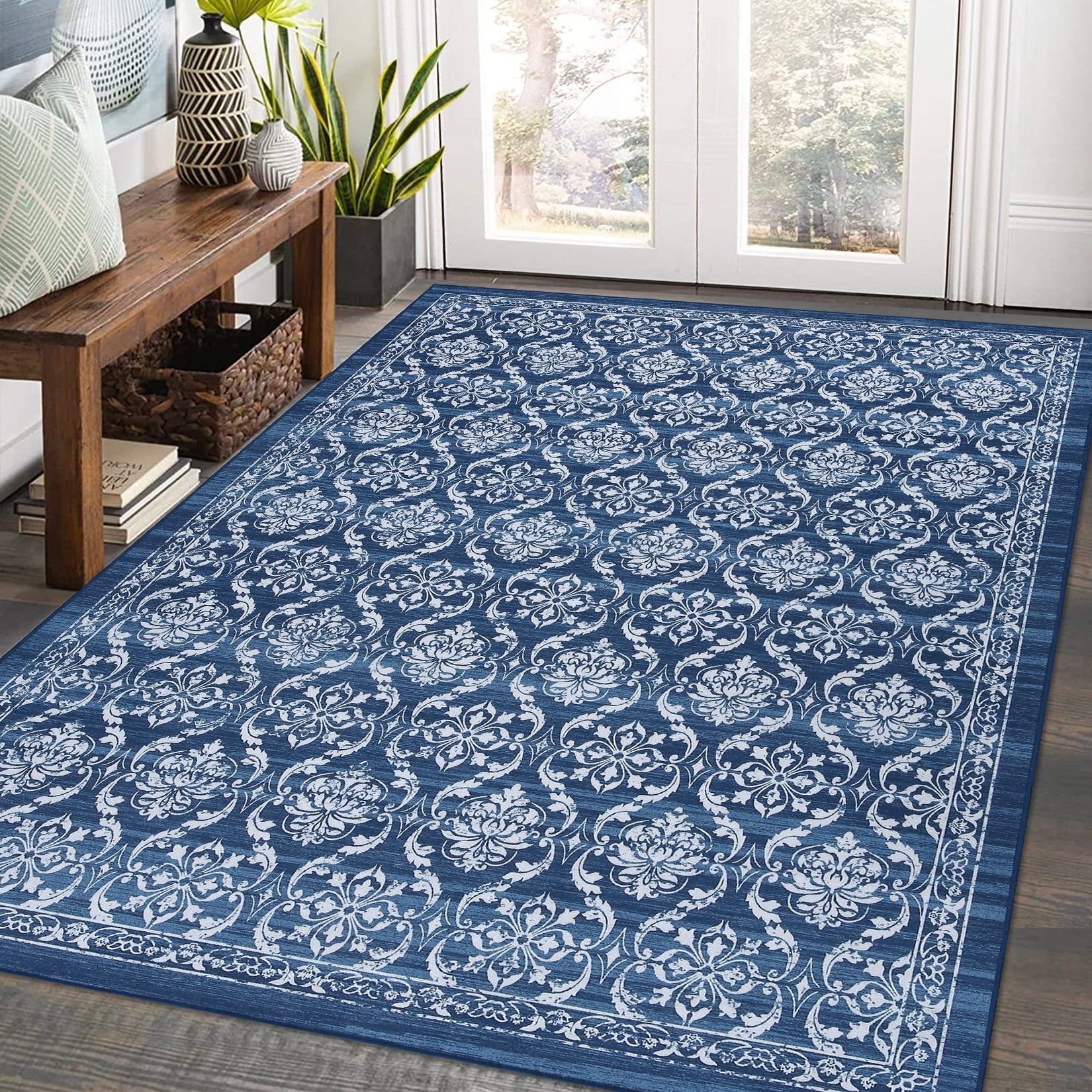 Hasoo Low-Pile Large Area Rug 9' x 12'- Floral, Non-Slip, Foldable for ...