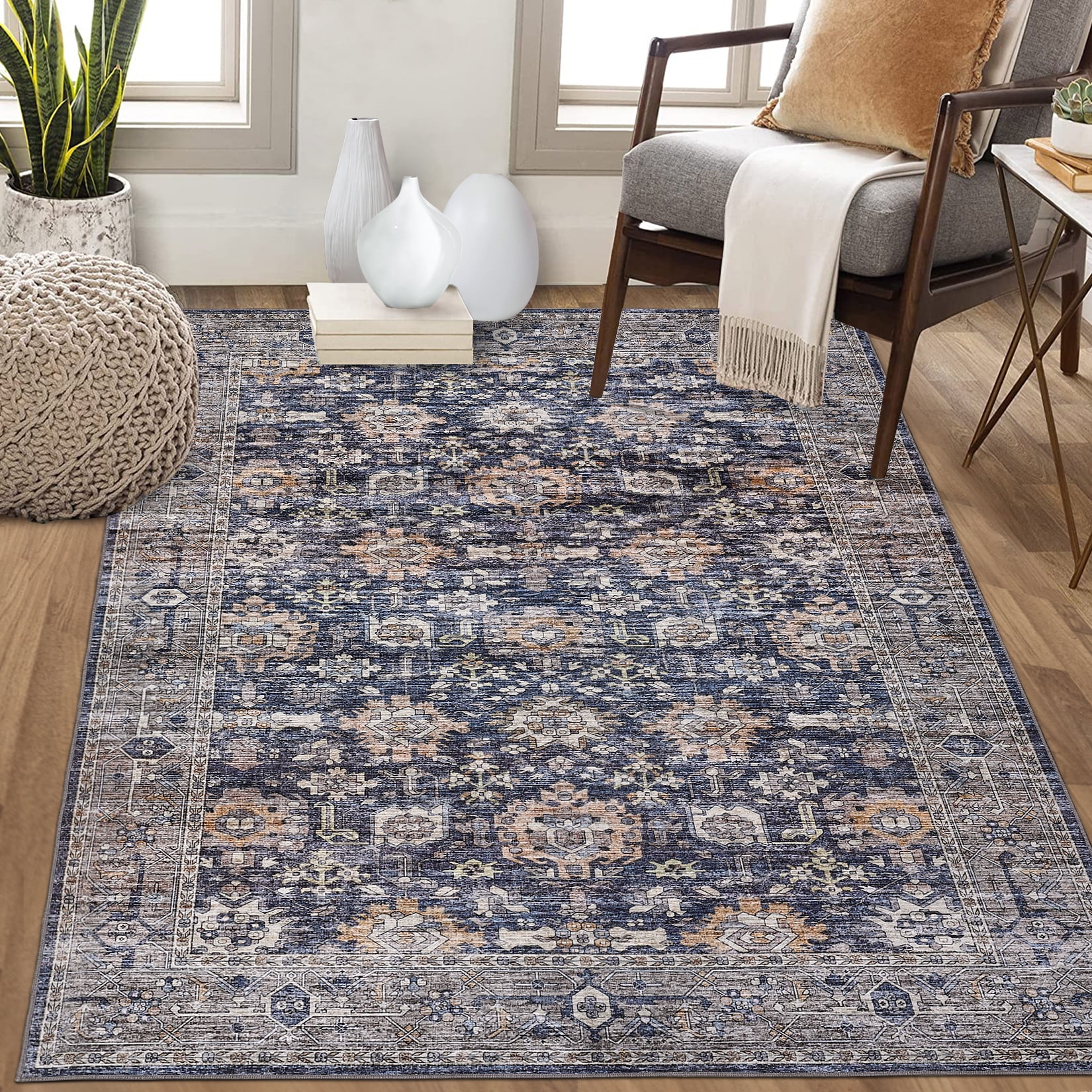 Hasoo Area Rug for Living Room Vintage Non Slip Throw Rugs Floral ...