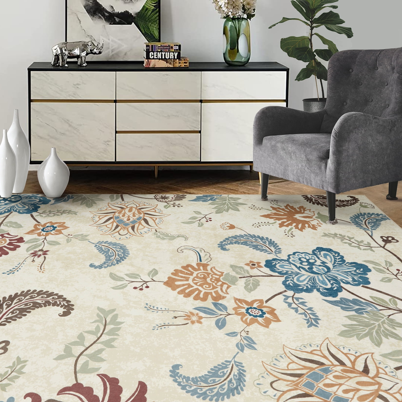 Hasoo Beige Rugs 8' x 10' Area Rug Modern Floral Carpet Large Area Rug ...