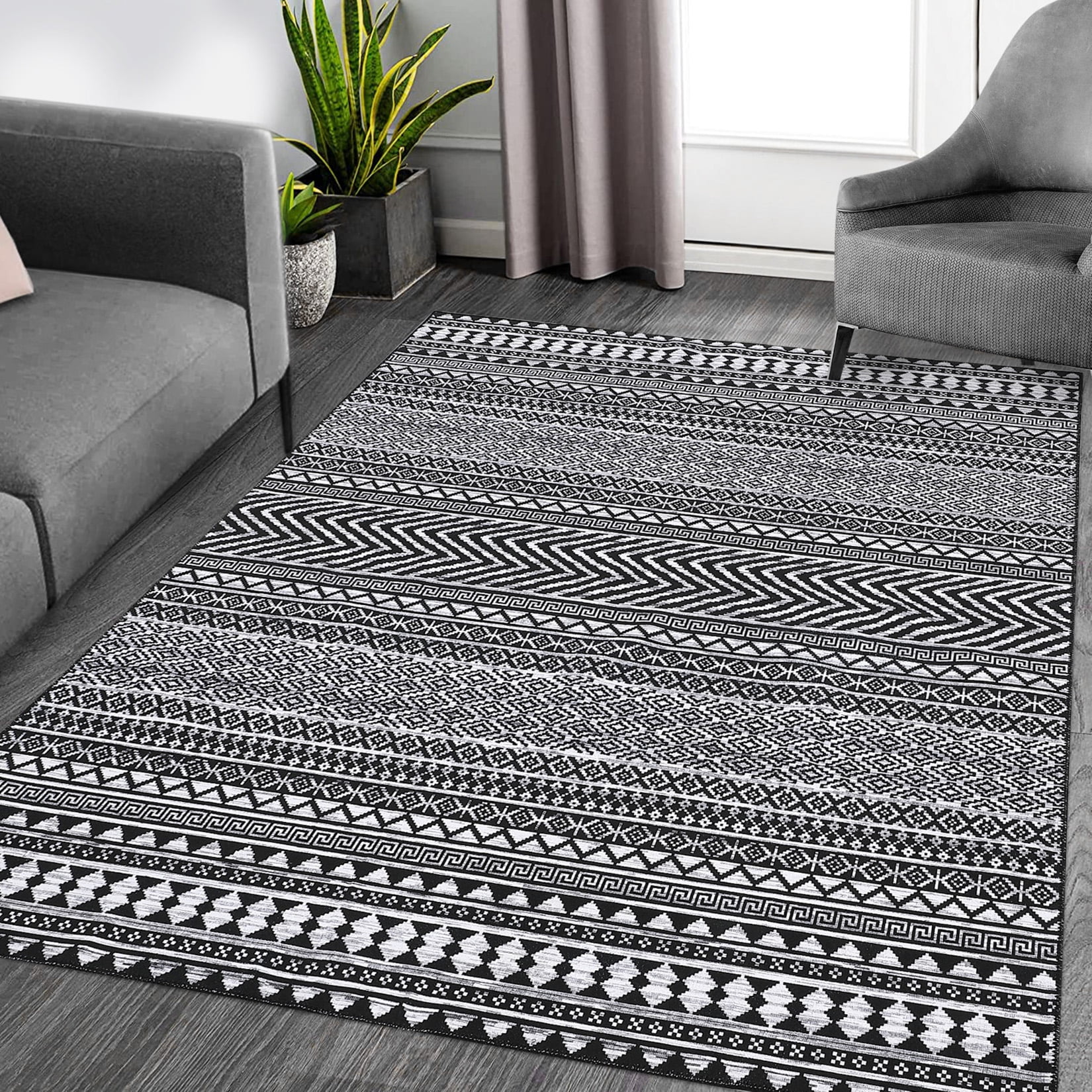 Hasoo Boho Geometric Black Area Rug Farmhouse Non-Slip Stain Resistant ...