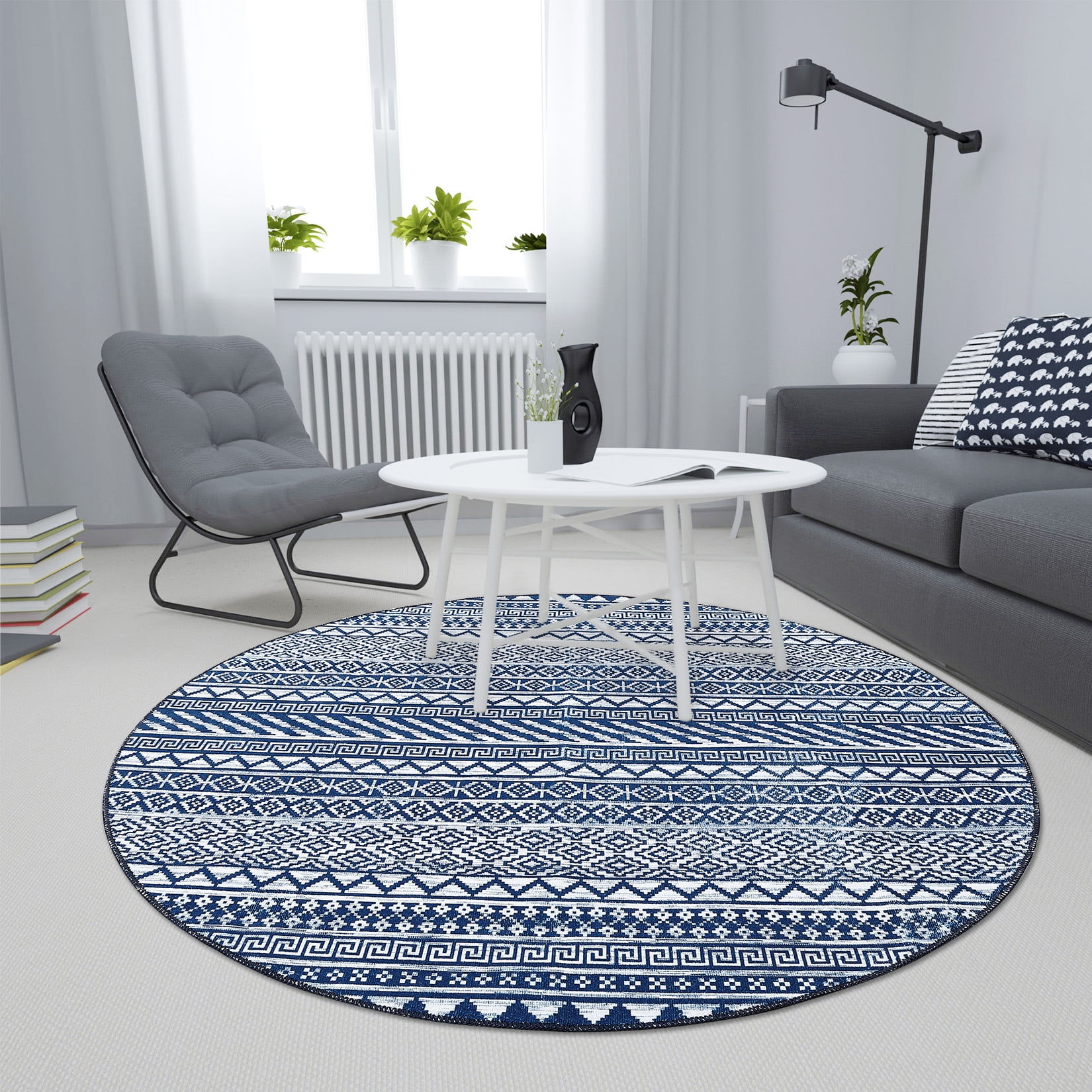 Hasoo Boho Round Rug for Living Room Low Pile Non-Slip Round Rug Stain ...