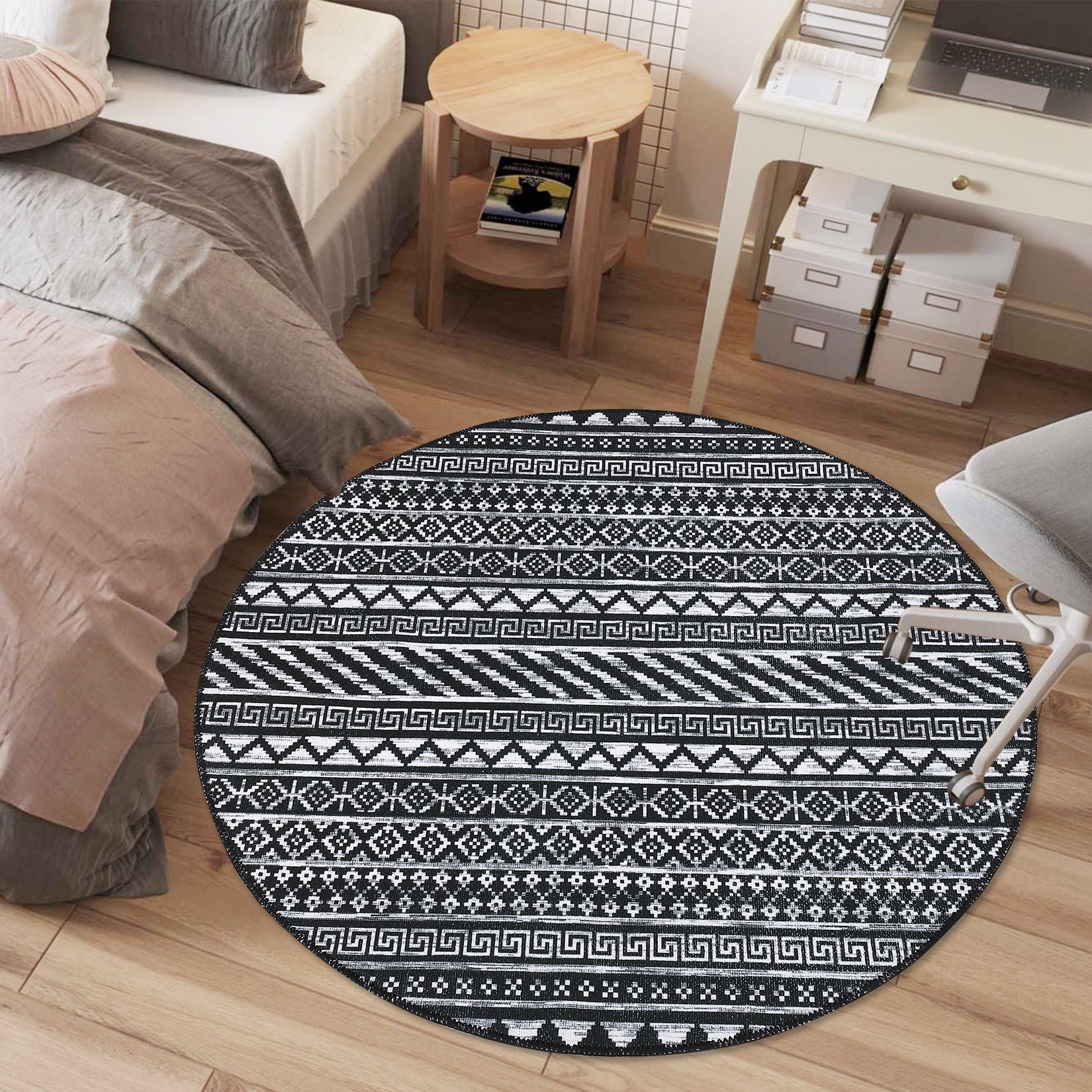 Hasoo Boho Round Rug for Living Room Low Pile Non-Slip Round Rug Stain ...