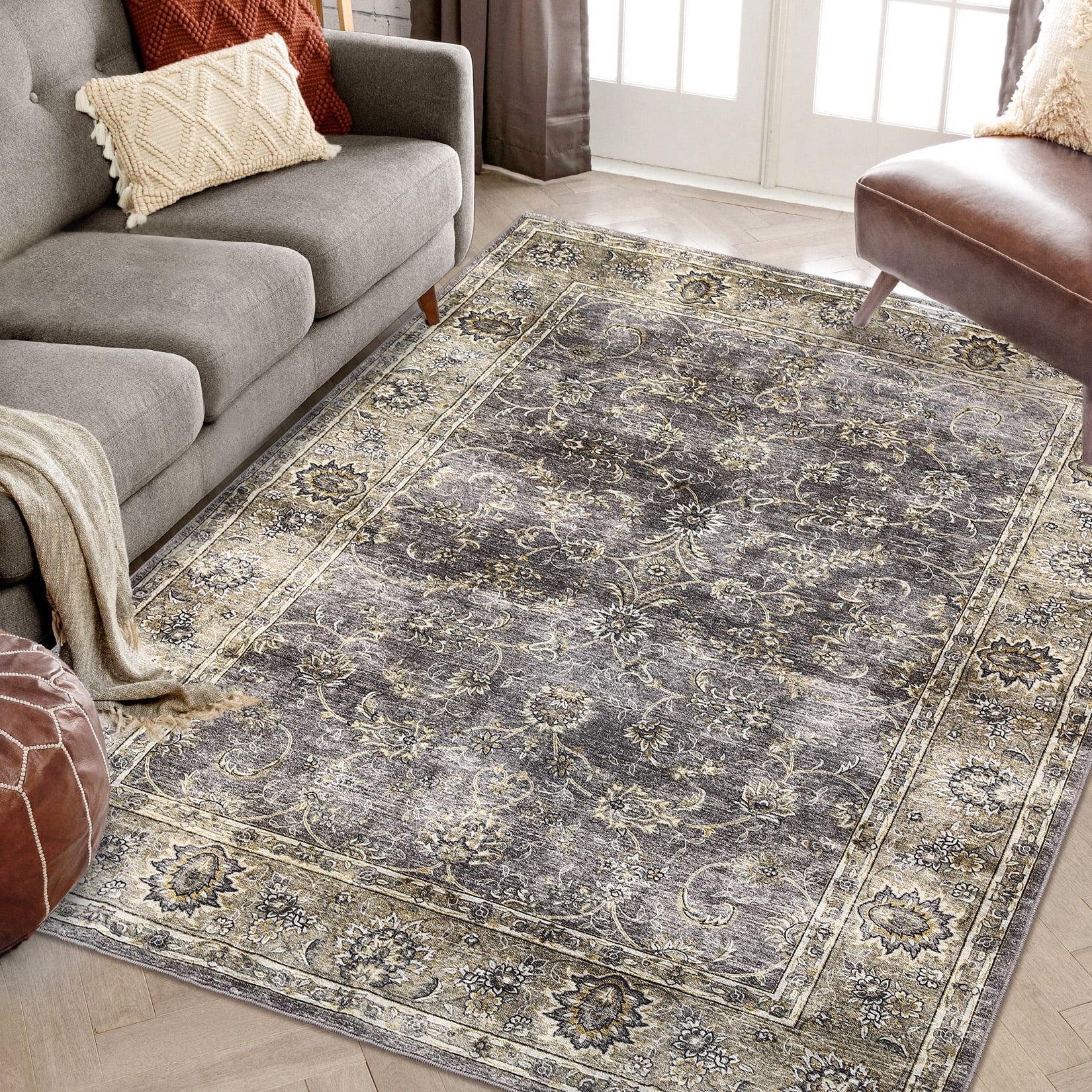 Hasoo Brown 5x7 Washable Rug for Living Room Vintage Rug Traditional ...