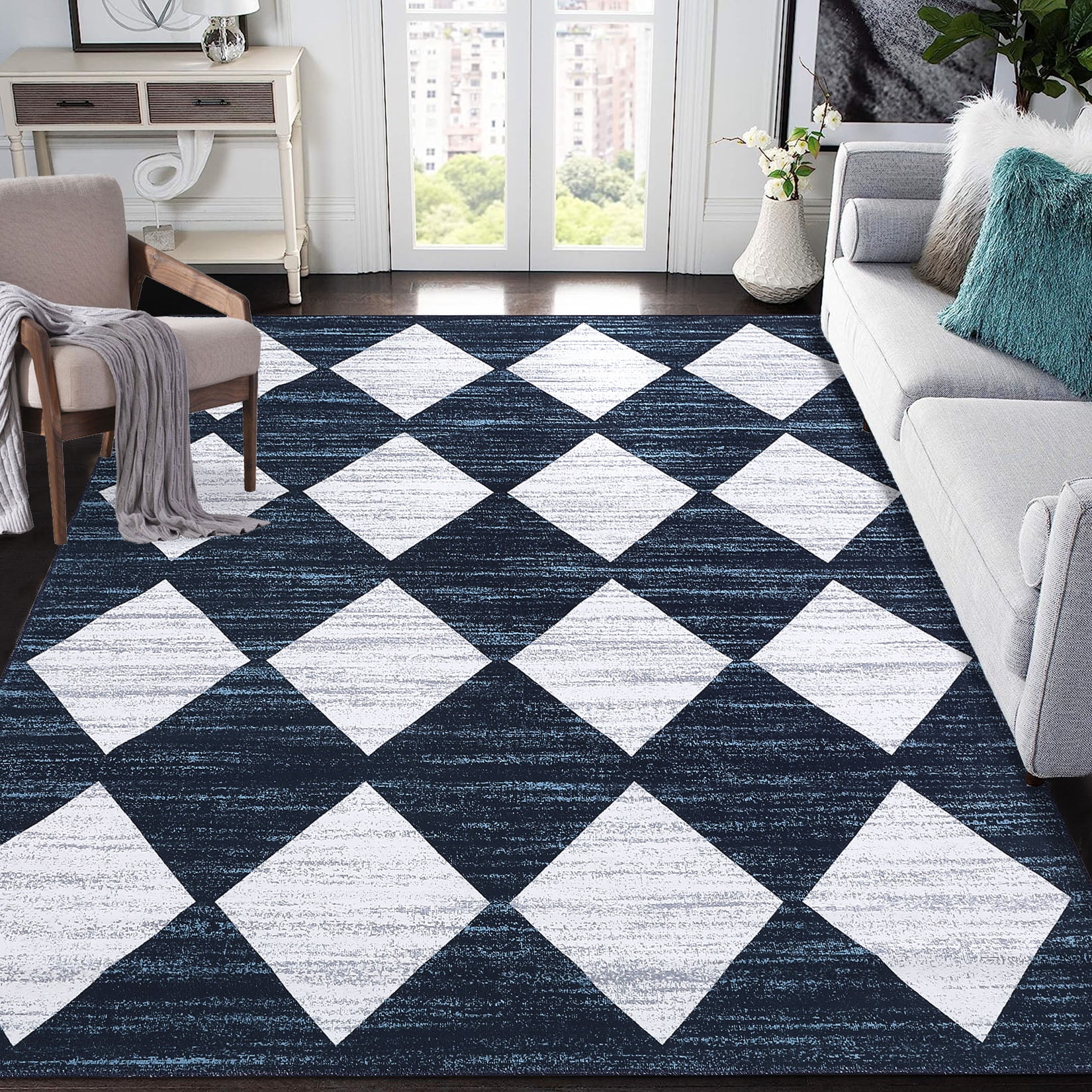 Hasoo Dark Blue 9x12 Area Rug Geometric Rugs for Living Room Washable ...