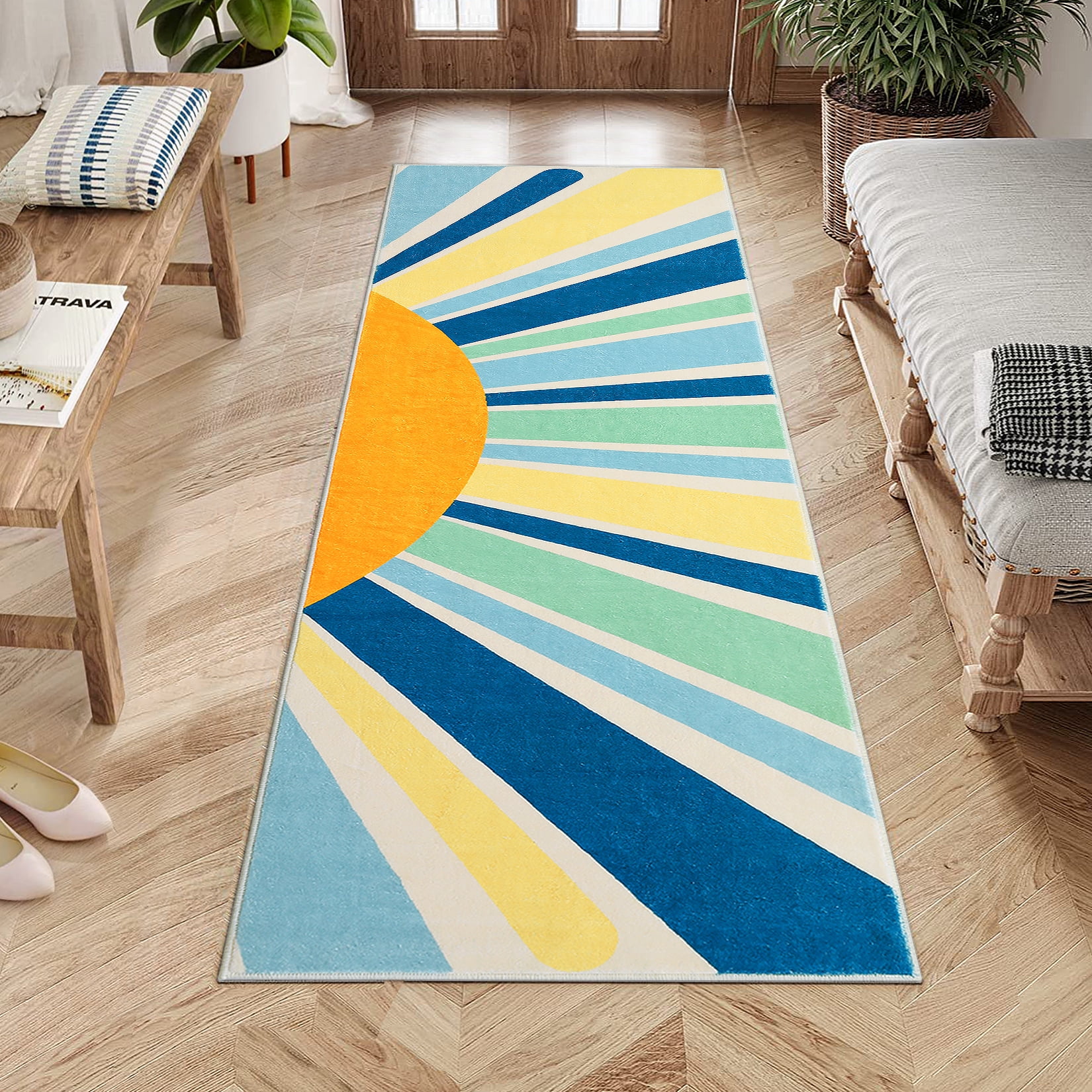 Hasoo Extra Long Hallway Runner Rug 3x8 Washable Colorful Sunrise Rug ...