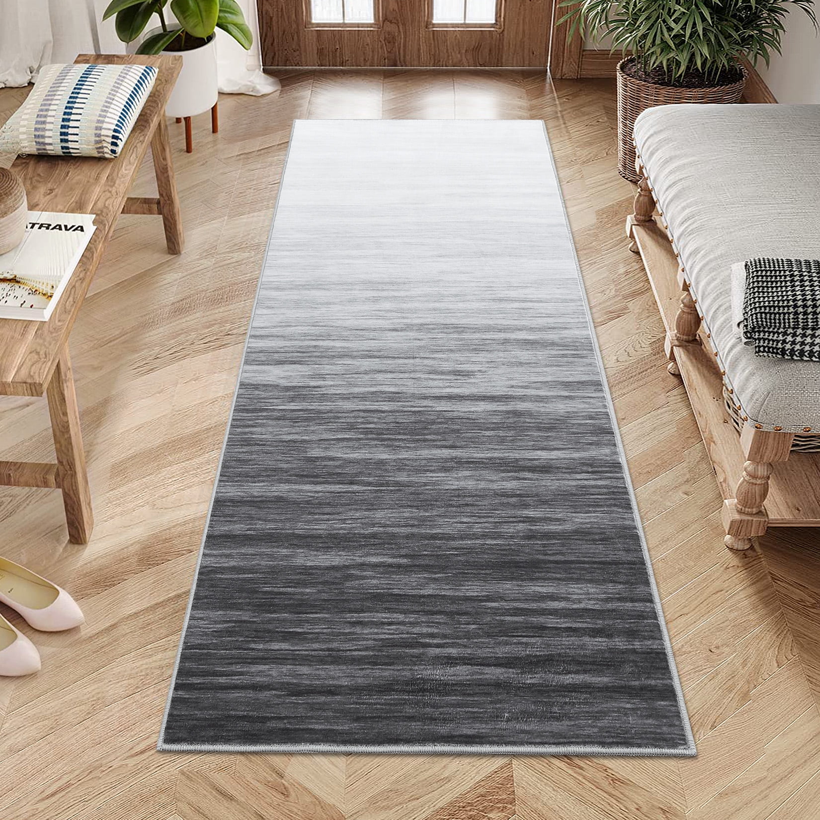 Hasoo Gray Transitional Runner Rug, Non Slip Stain Resistant Runner ...