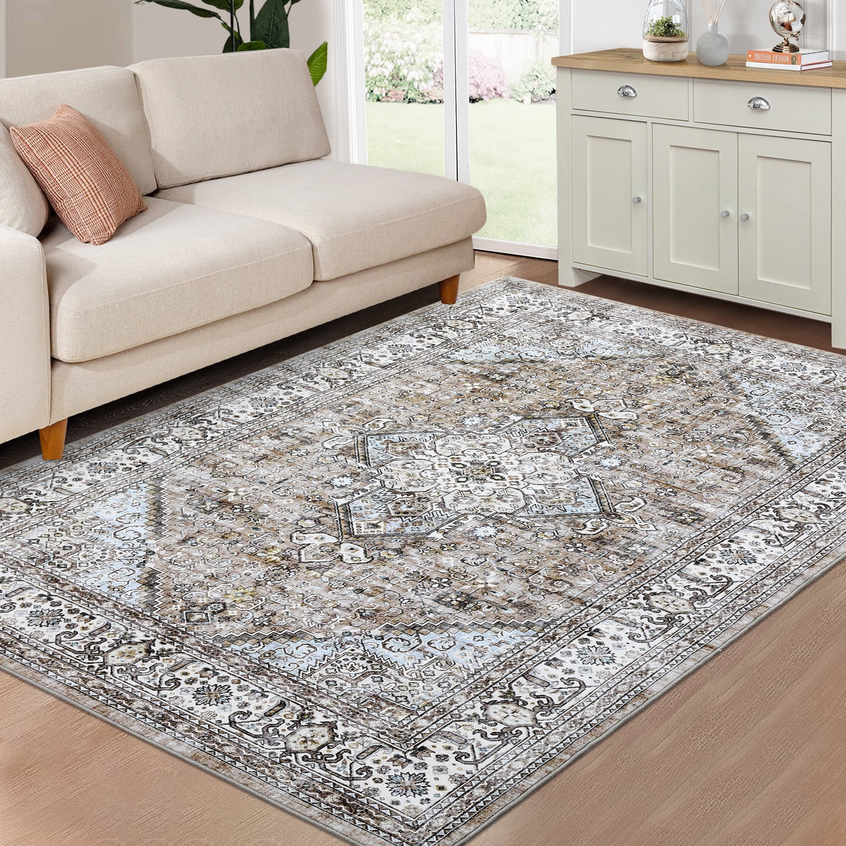 Hasoo Machine Washable Rug 8' x 10', Non Slip, Stain Resistant, Brown ...